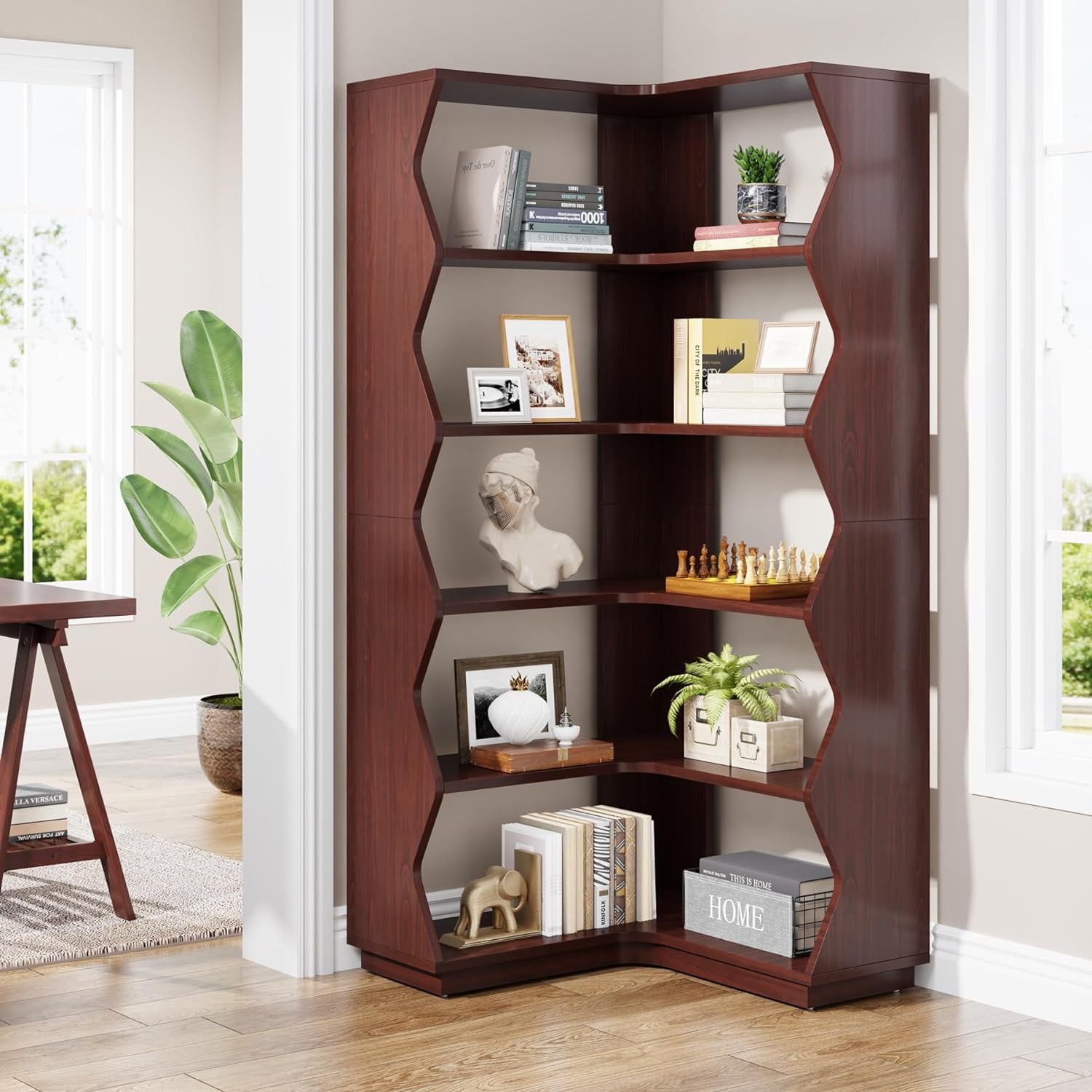 Tribesigns 5-Tier L-Shaped Bookcase, 65-Inch Tall Corner Bookshelf ...