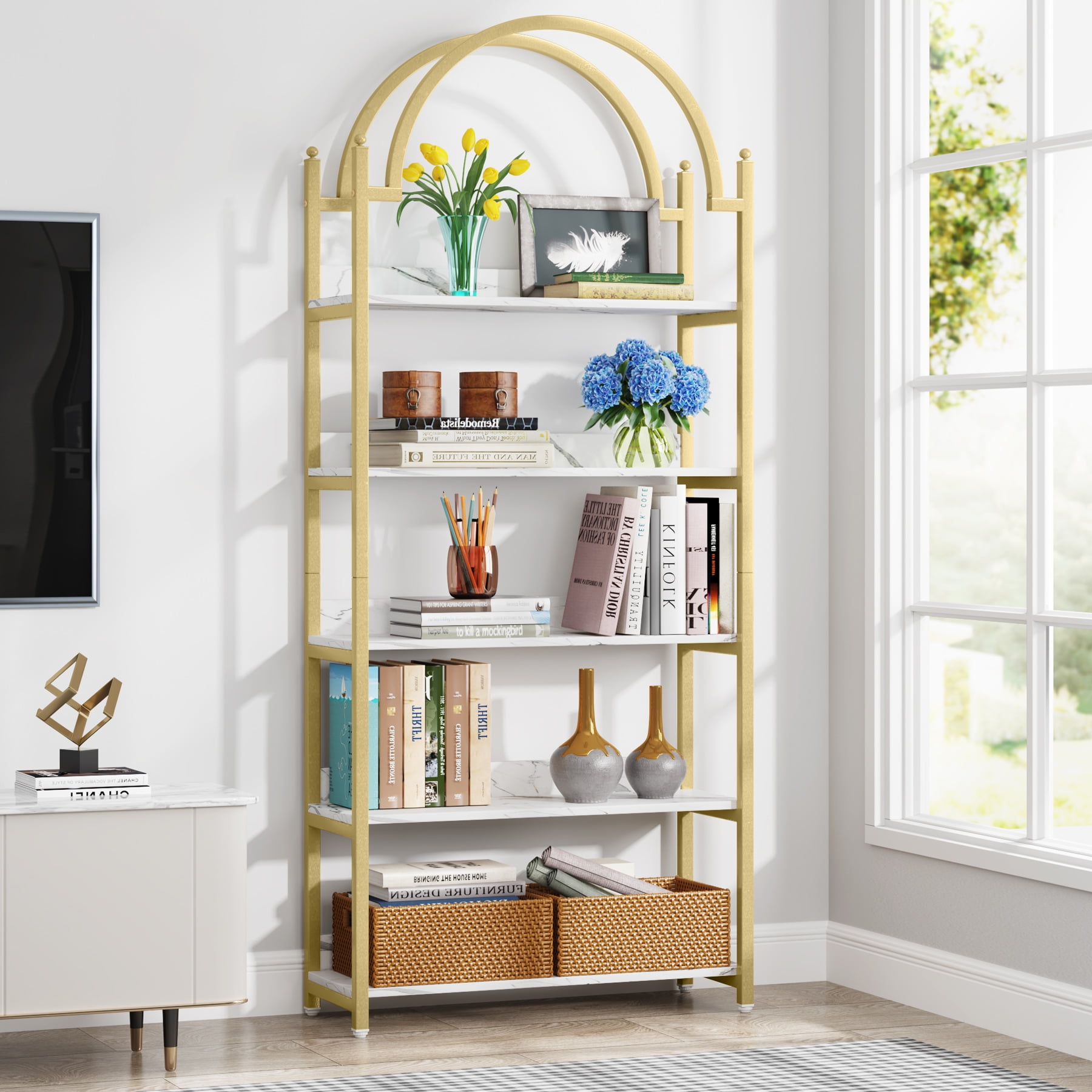 Tribesigns 5 Tier Gold Arched Bookshelf, Modern Storage Shelves with ...