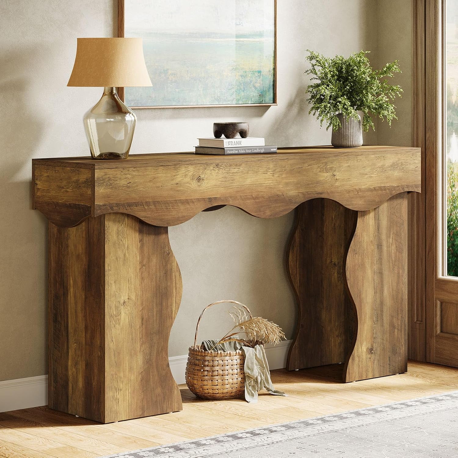 Tribesigns 55.1" Rustic Brown Console Table with Wavy Line Design for ...