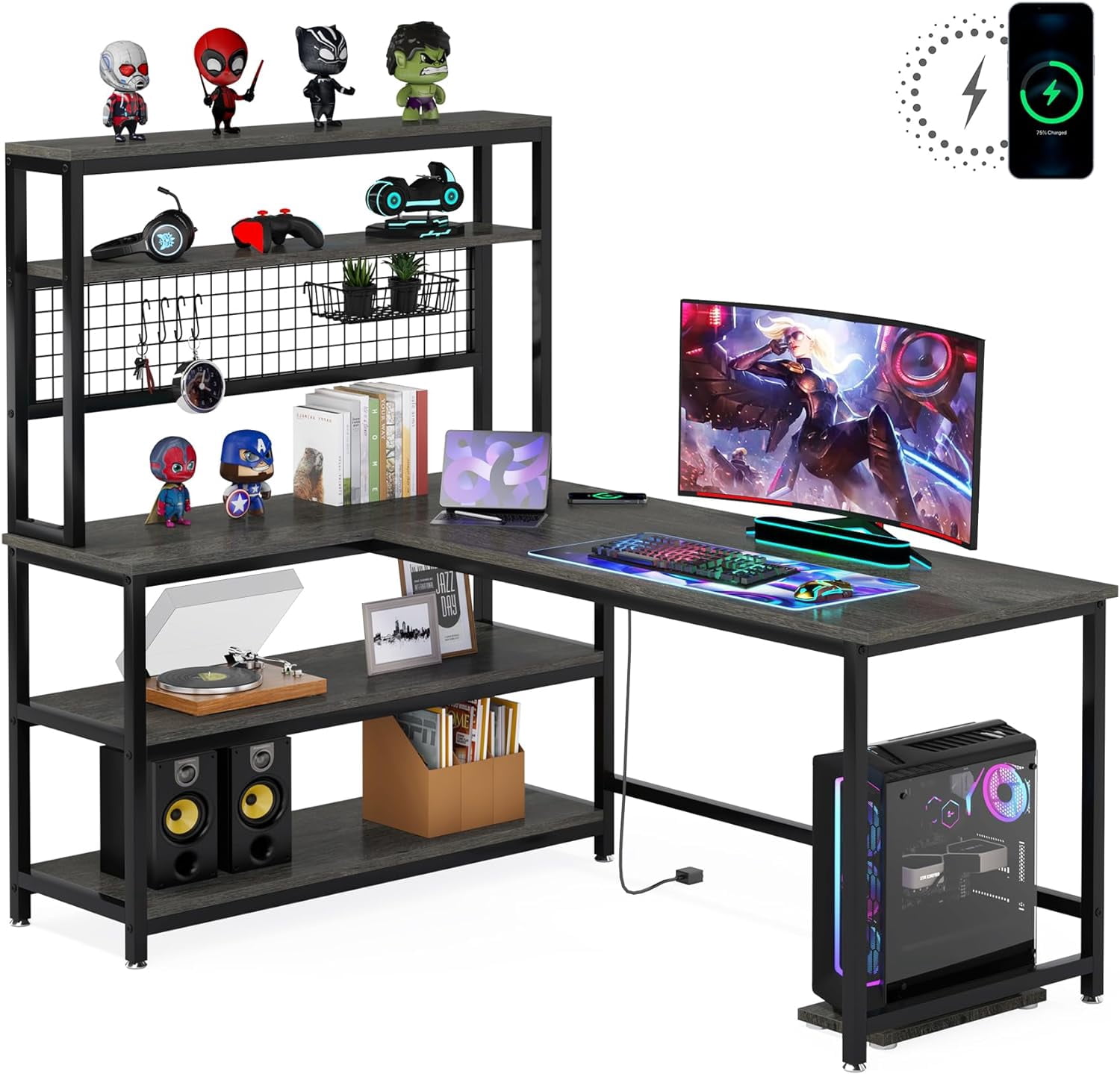 Tribesigns Industrial L Shape Desk Computer Desk with Wireless Charging ...