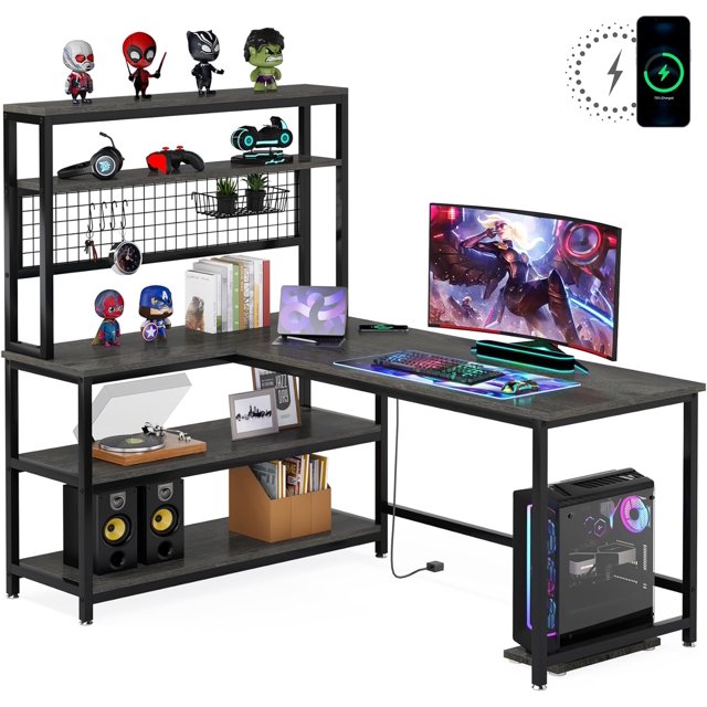 Tribesigns Industrial L Shape Desk Computer Desk with Wireless Charging ...