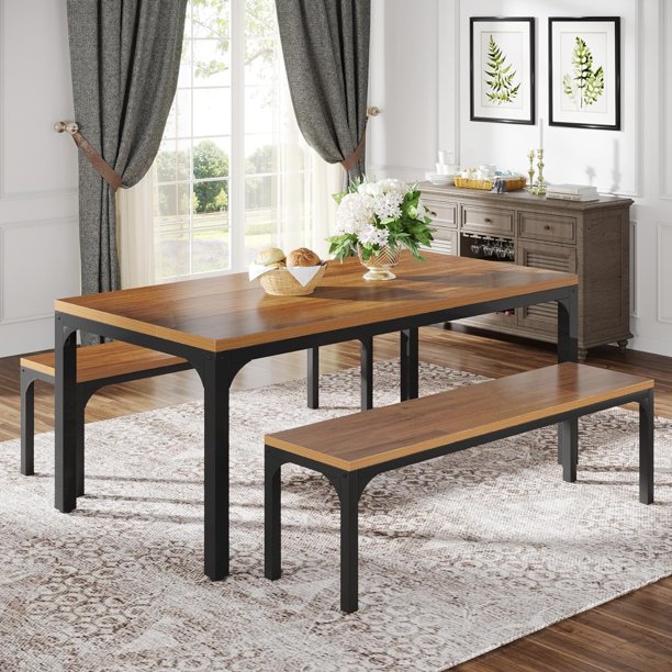 Tribesigns 55" Dining Table Set: 3-Piece Wood Set with 2 Benches for 6 ...