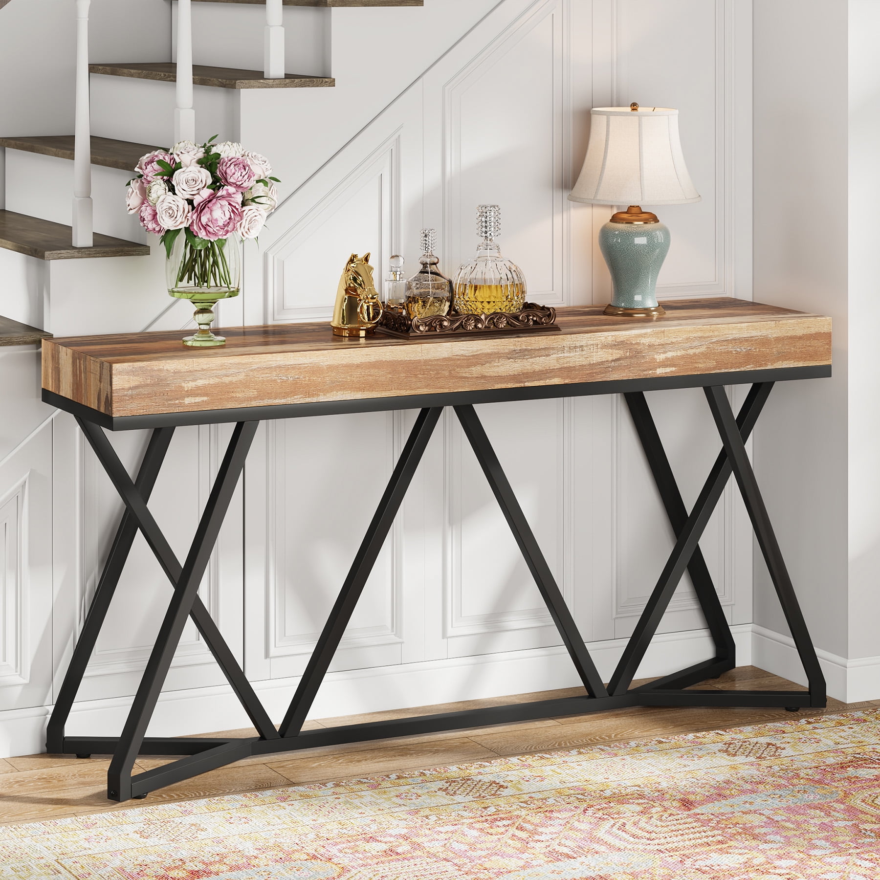 Tribesigns 55" Farmhouse Console Table, Wood Sofa Table with Metal Base ...