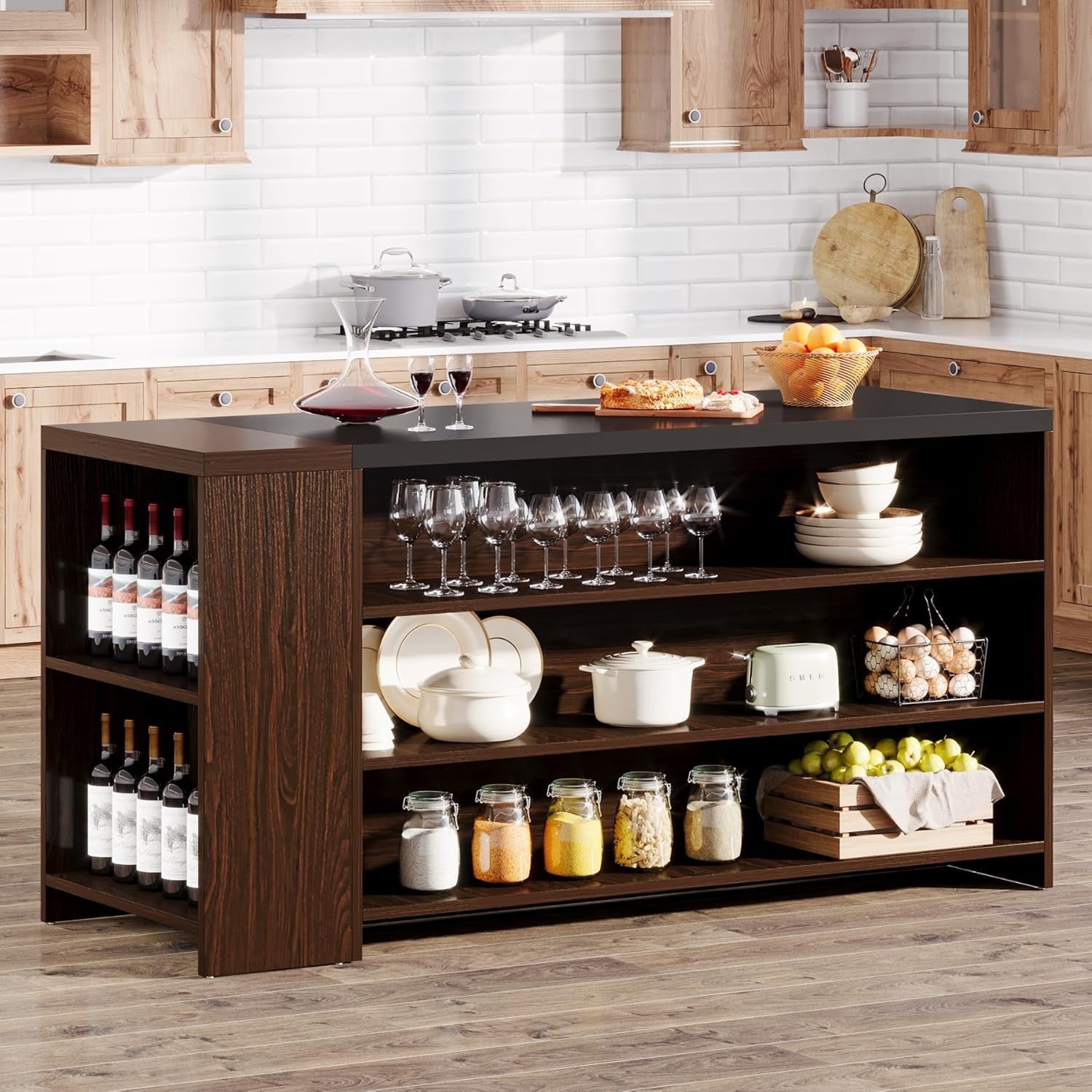 Tribesigns Farmhouse 5-Tier Kitchen Island with Storage, 55" Wooden ...