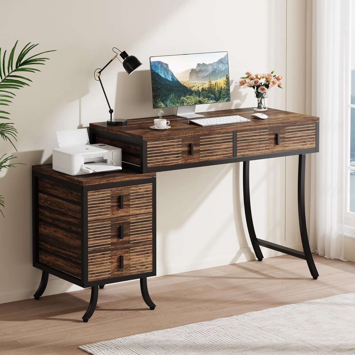 Finmind 55" Reversible 5-Drawer Home Office Computer Desk, Industrial ...