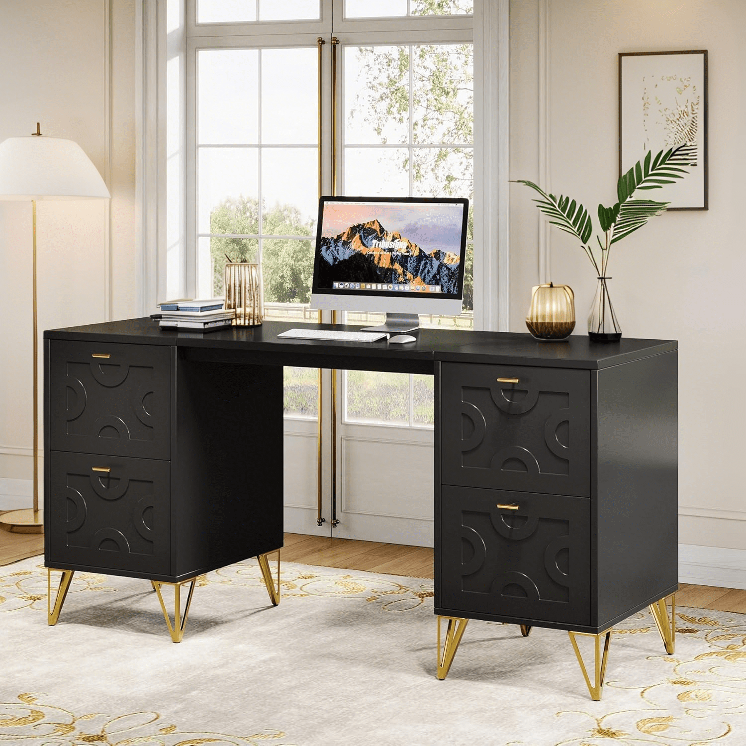 Tribesigns 59-Inch Black Executive Computer Desk with 4 File Drawers ...