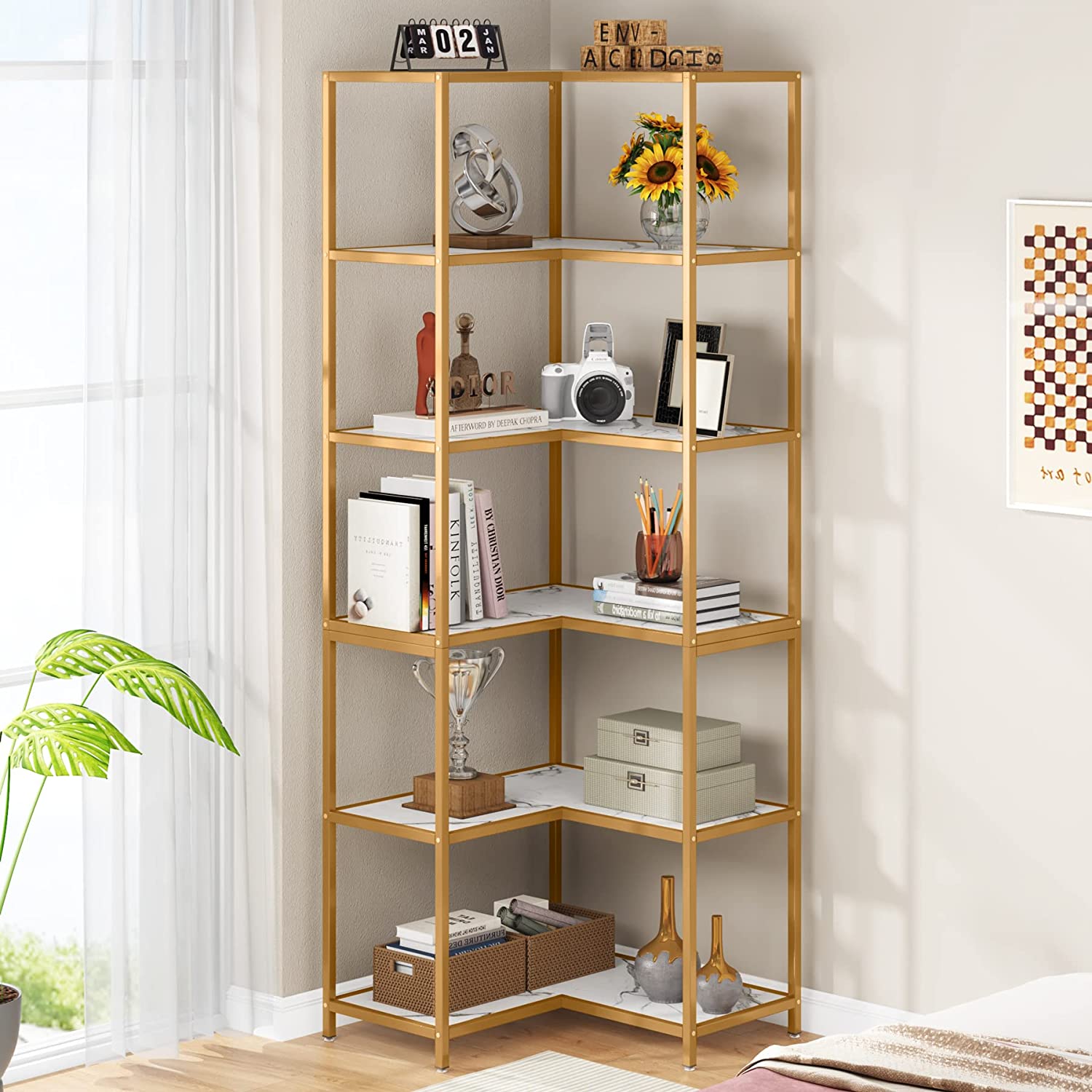 Tribesigns 6-Shelf L-Shaped Corner Bookshelf, 70.9" Gold Frame with ...