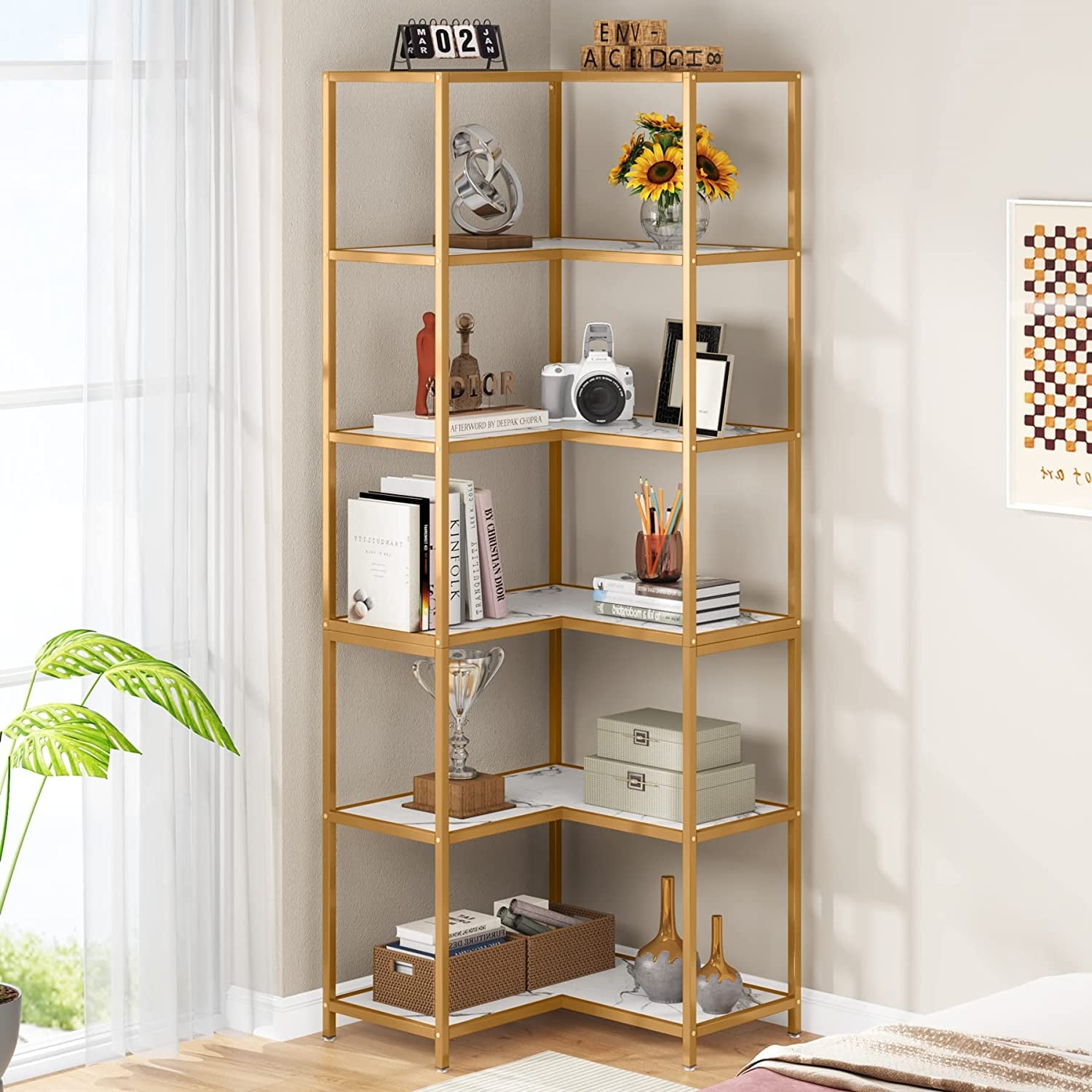 Finmind 6-Shelf L-Shaped Corner Bookshelf, 70.9" Gold Frame with White ...