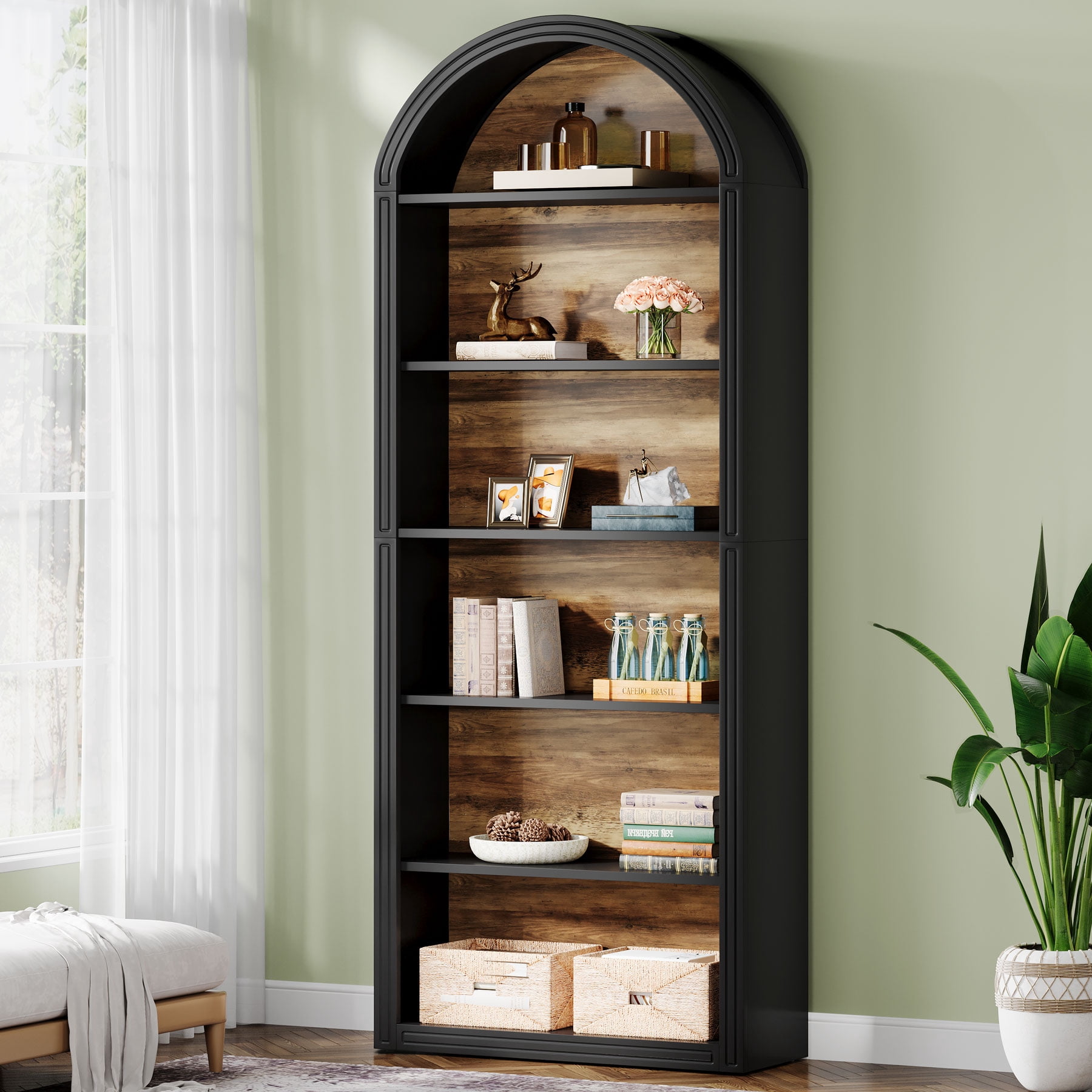 Tribesigns 6-Tier Black Arched Bookshelf, 75.98" Tall Arched Bookcase ...