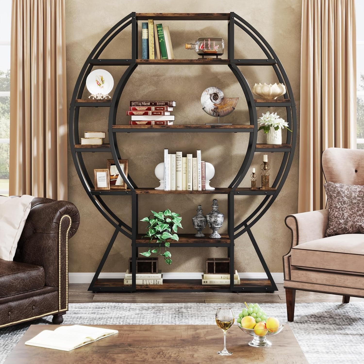 Finmind 6-Tier Bookshelf: 69" Oval Bookcase with Metal Frame ...