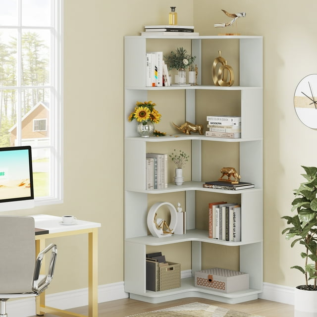 Tribesigns 6-Tier Corner Bookshelf, 65 in. Wood Bookcase with Anti-drop ...
