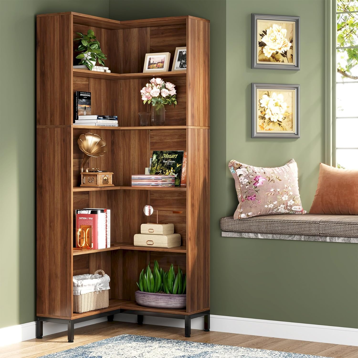 Tribesigns 6-Tier Corner Bookshelf Bookcase, Brown - Walmart.com