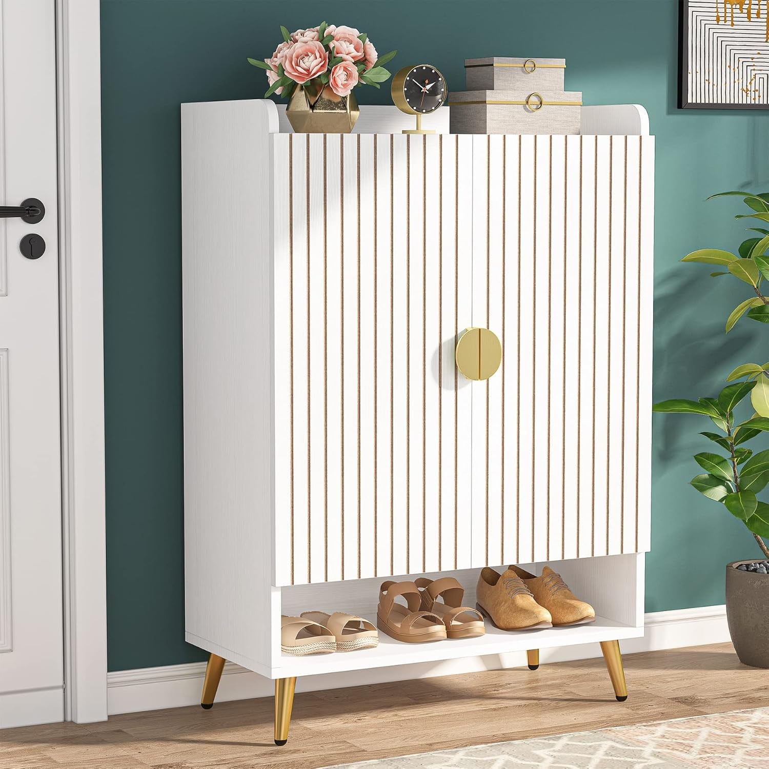 Tribesigns 6-Tier Shoe Cabinet with Adjustable Shelves, White & Gold ...