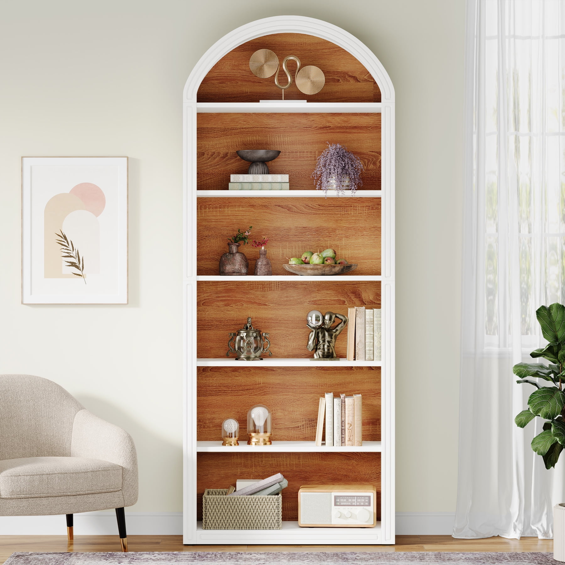 Tribesigns 6-Tier White Arched Bookshelf, 75.98" Tall Arched Bookcase ...