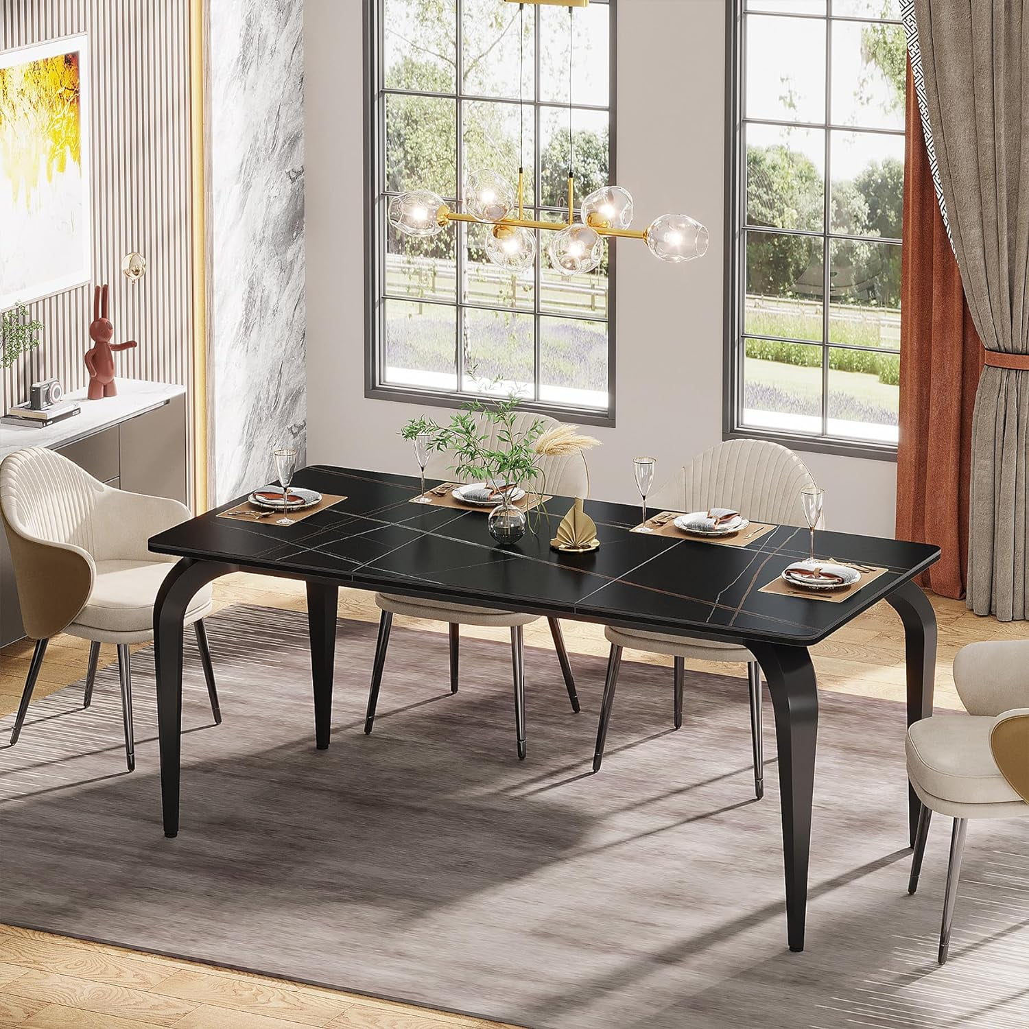 Tribesigns 63" Black Marble Dining Table, Sintered Stone Rectangular Table with Metal Legs ...