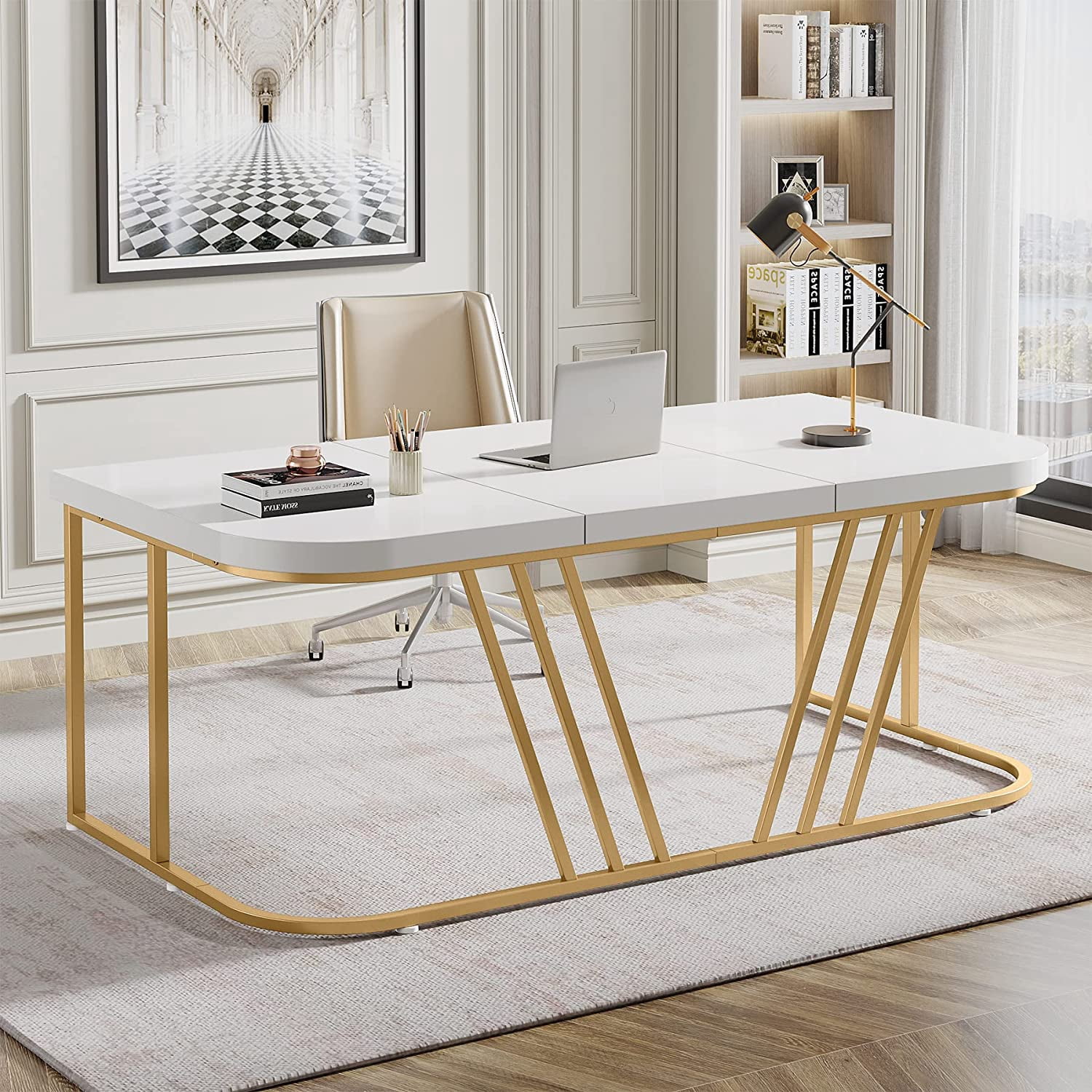 "Tribesigns Large 63"" White & Gold Executive Office Desk, Metal Frame ...