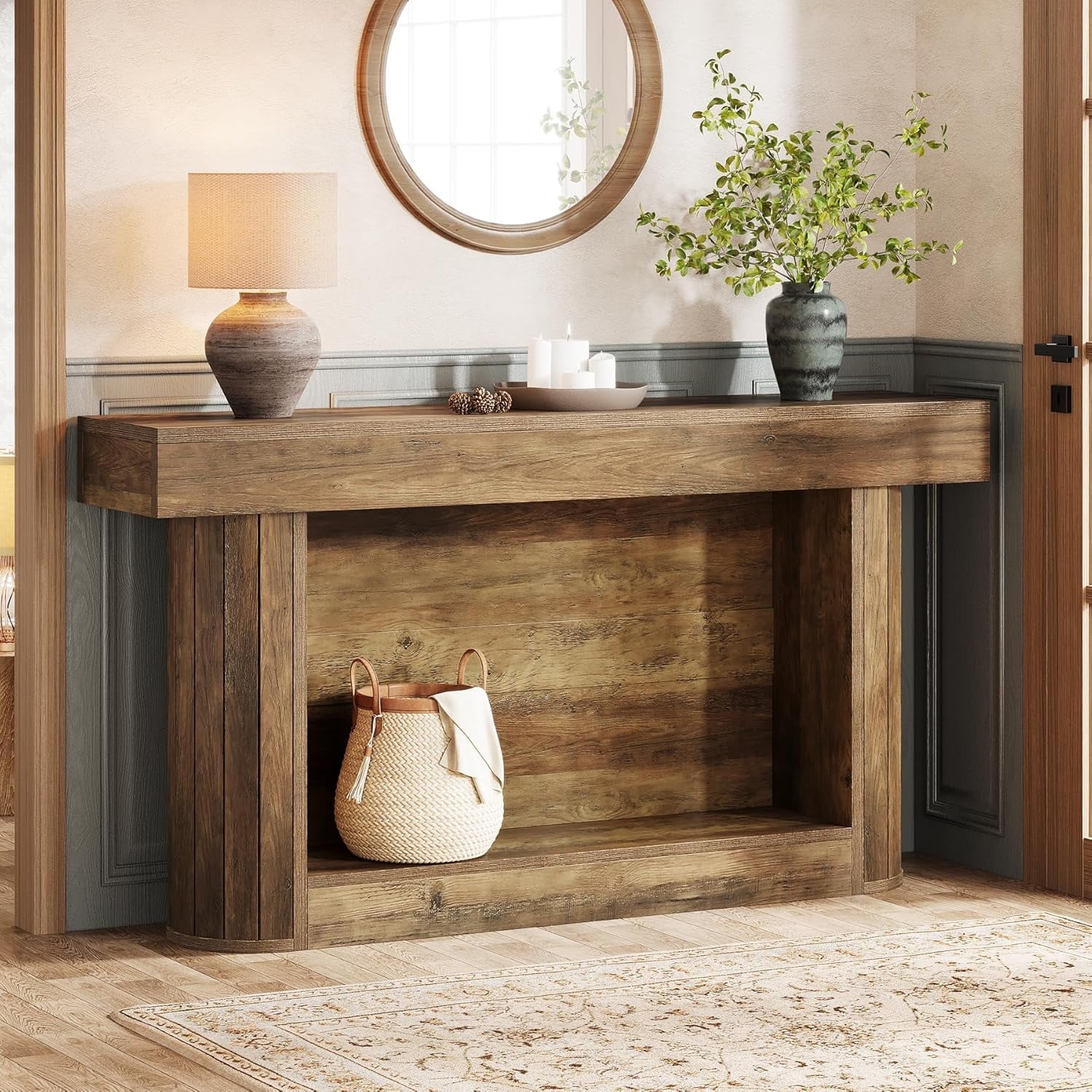 Tribesigns 63" Farmhouse Console Table, 2-Tier Wood Entryway Table with Storage, Narrow Sofa ...