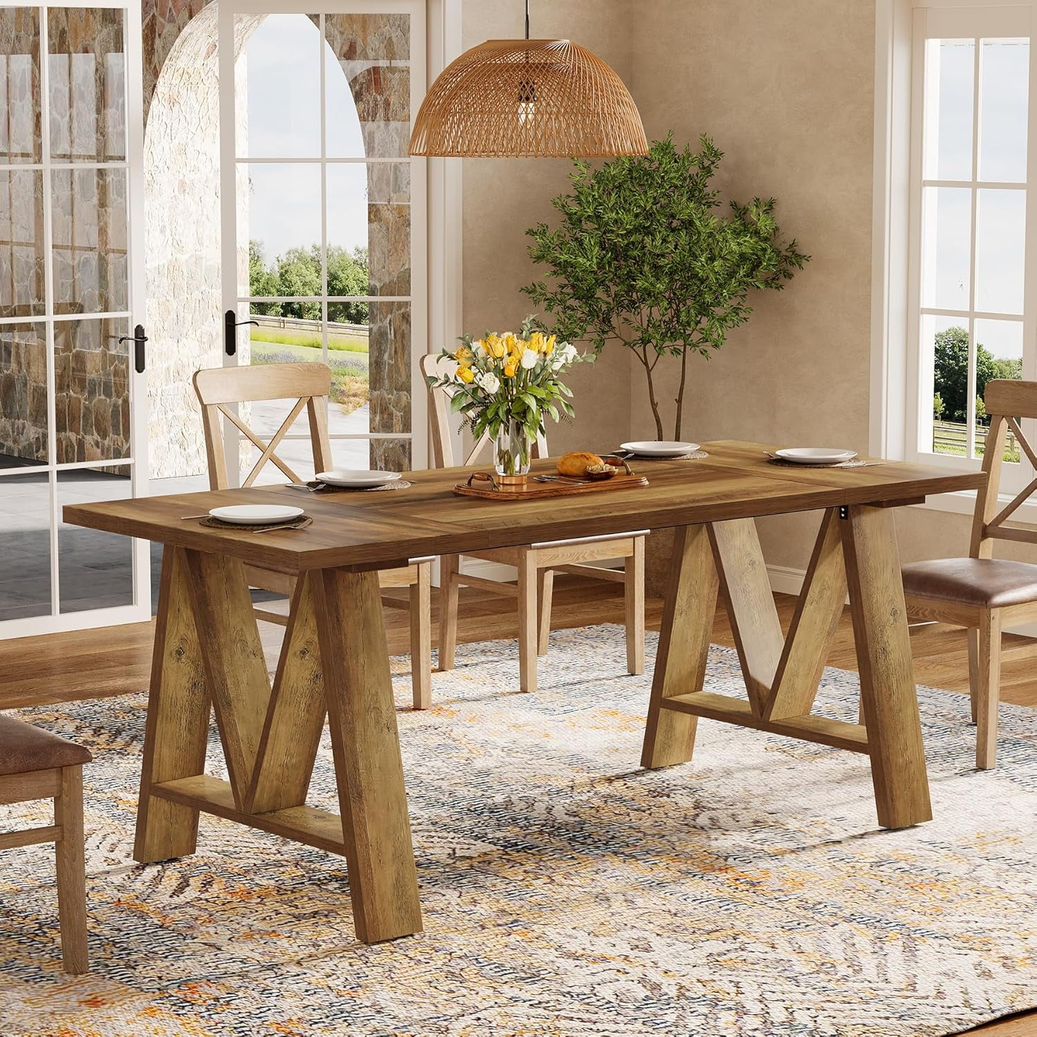Tribesigns 63" Farmhouse Dining Table, Rectangular Wooden Kitchen Table ...