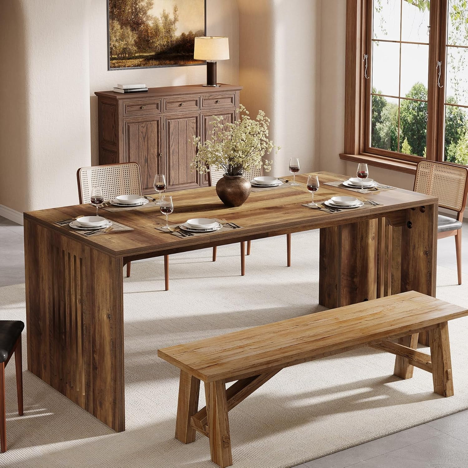 Tribesigns 63" Farmhouse Kitchen Table for 4-6, Wooden Dining Table for ...