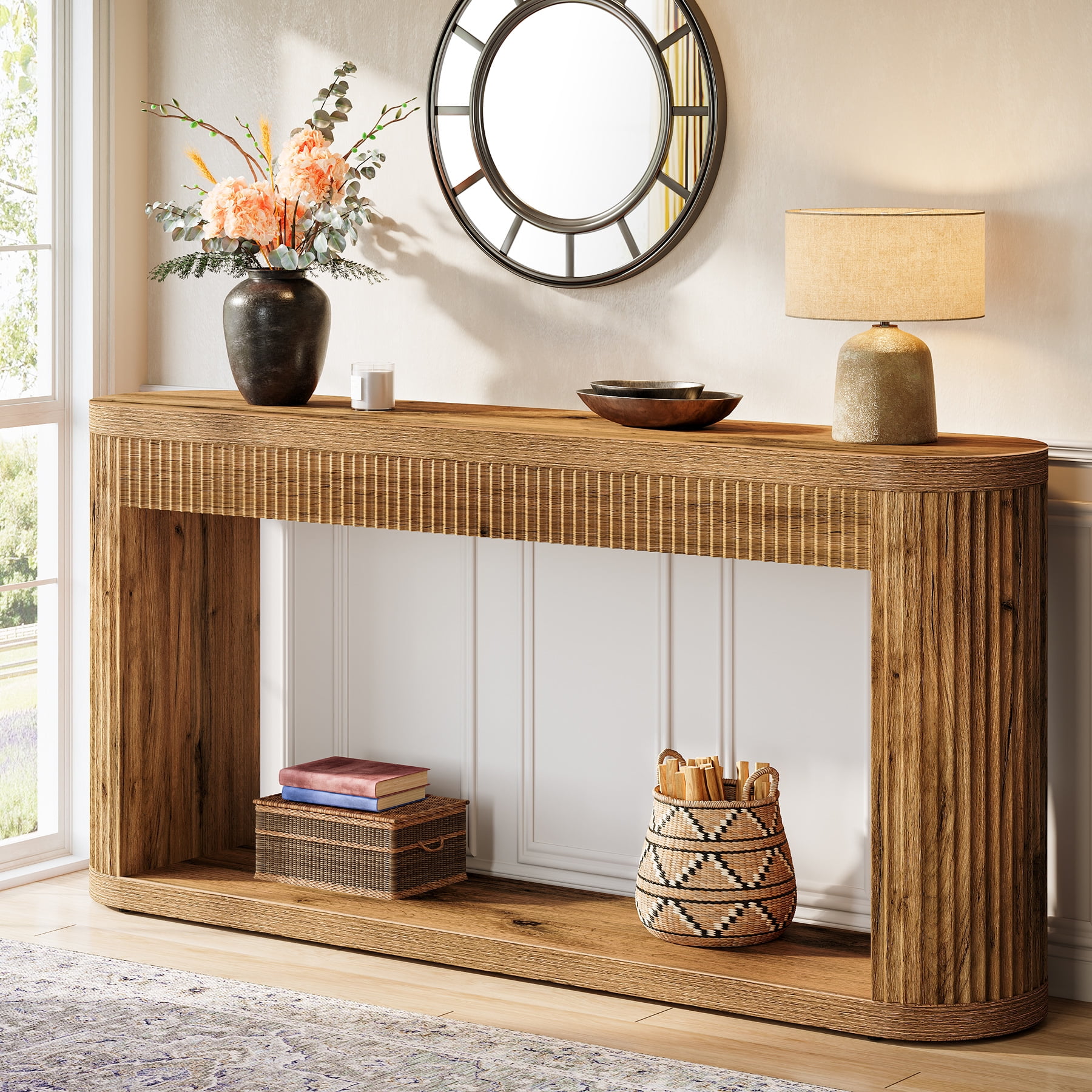 Tribesigns 63" Fluted Console Table for Entryway, Narrow Wood Entry Desk Behind Couch for ...