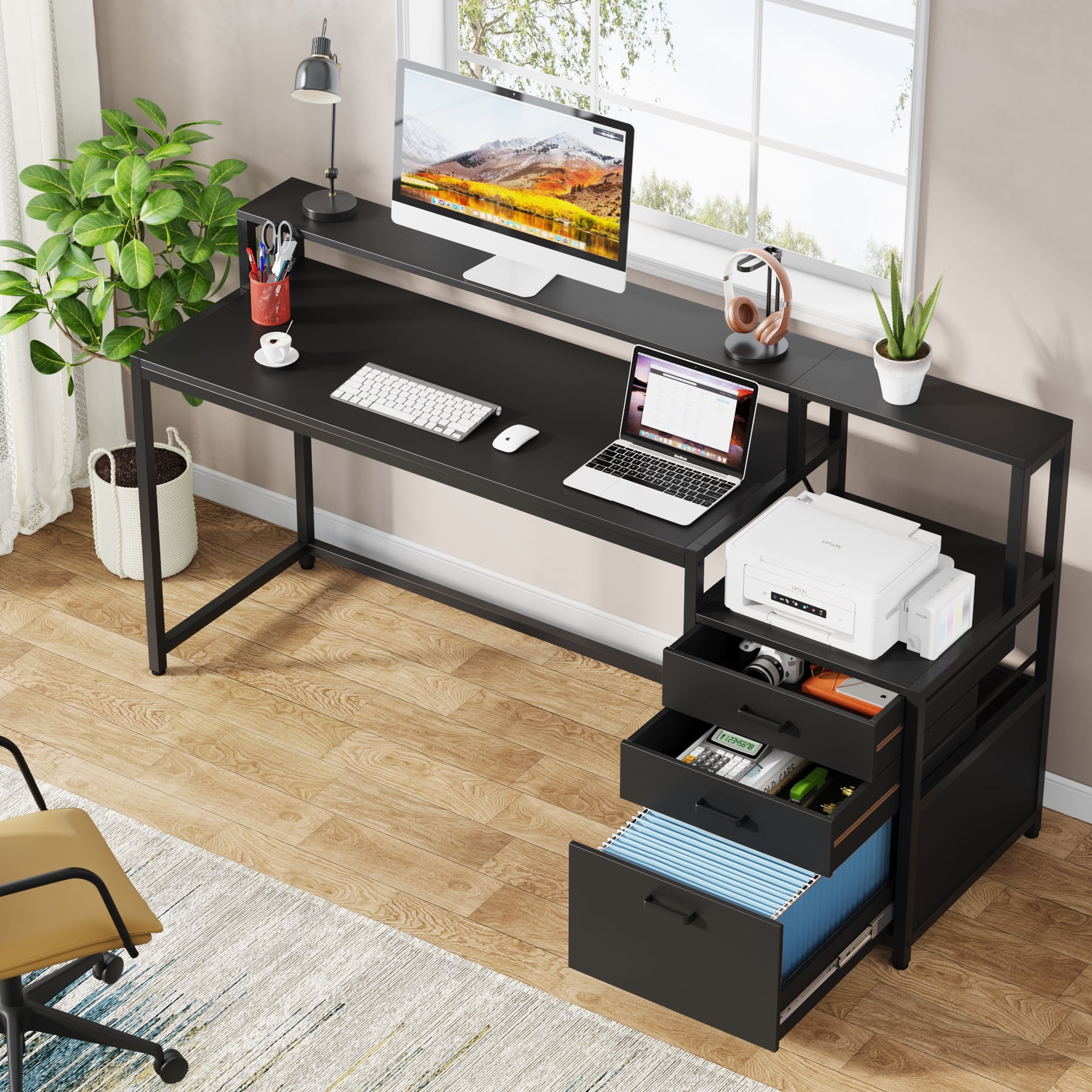 Tribesigns 63-Inch Computer Desk with File Drawer Cabinet, Ergonomic ...
