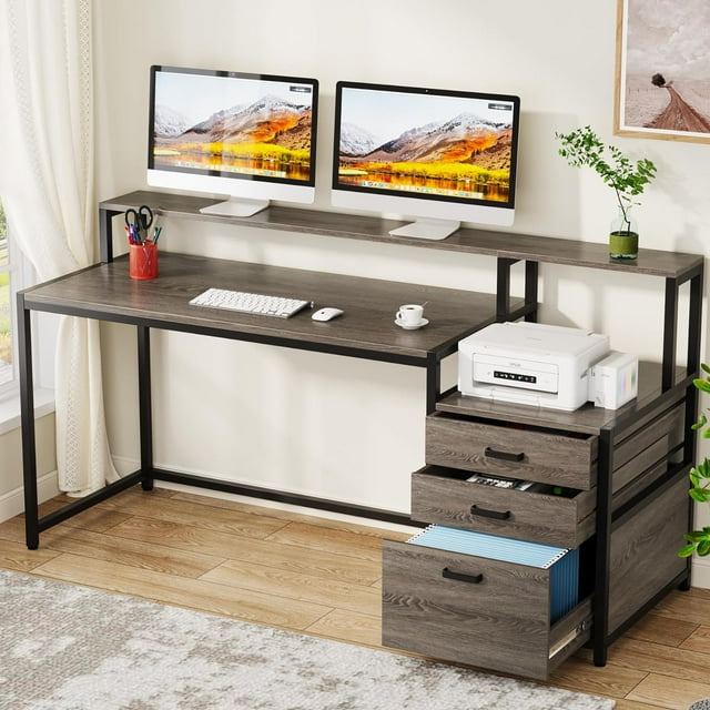 Tribesigns 63 Inch Ergonomic Office Desk with Metal Frame, Monitor ...