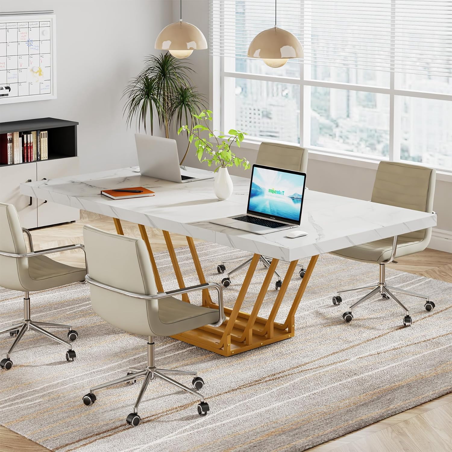 Tribesigns 63'' White & Gold Conference Table, Rectangle Top, Modern ...