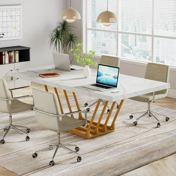 Tribesigns 63'' White & Gold Conference Table, Rectangle Top, Modern ...