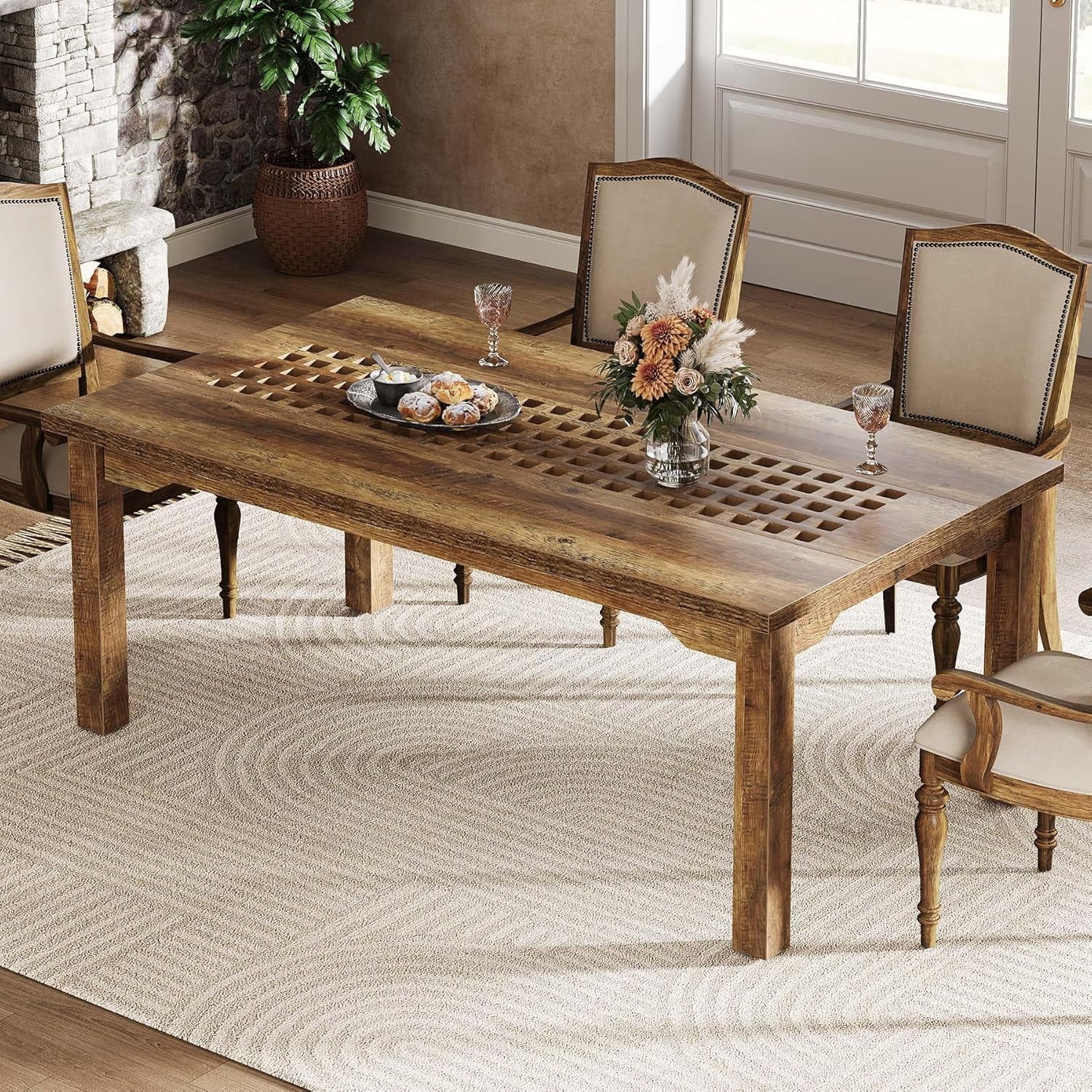 Tribesigns 63-Inch Dining Table: Seats 4-6, Farmhouse Style, Hollow ...