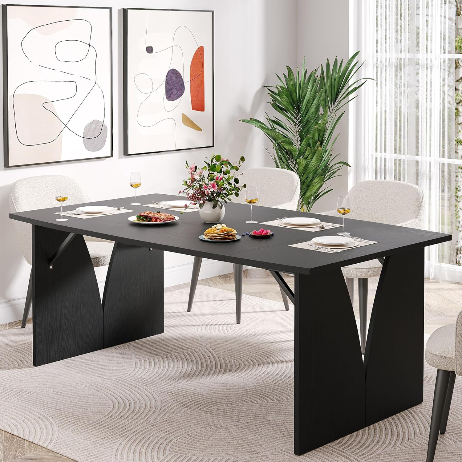 TribeSigns 63 Inch Black Rectangular Wooden Dining Table, Seats 4-6 ...