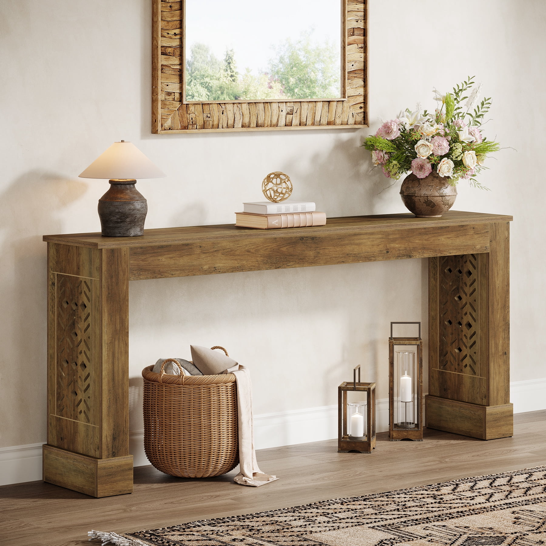 Tribesigns 63-Inch Farmhouse Console Table, Wood Sofa Table Behind ...