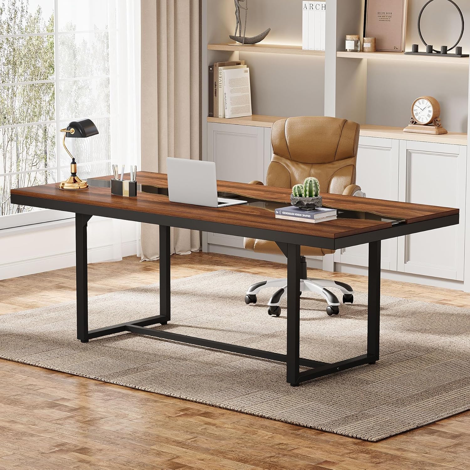 Tribesigns 63-Inch Industrial Executive Desk with Wavy Glass Desktop ...