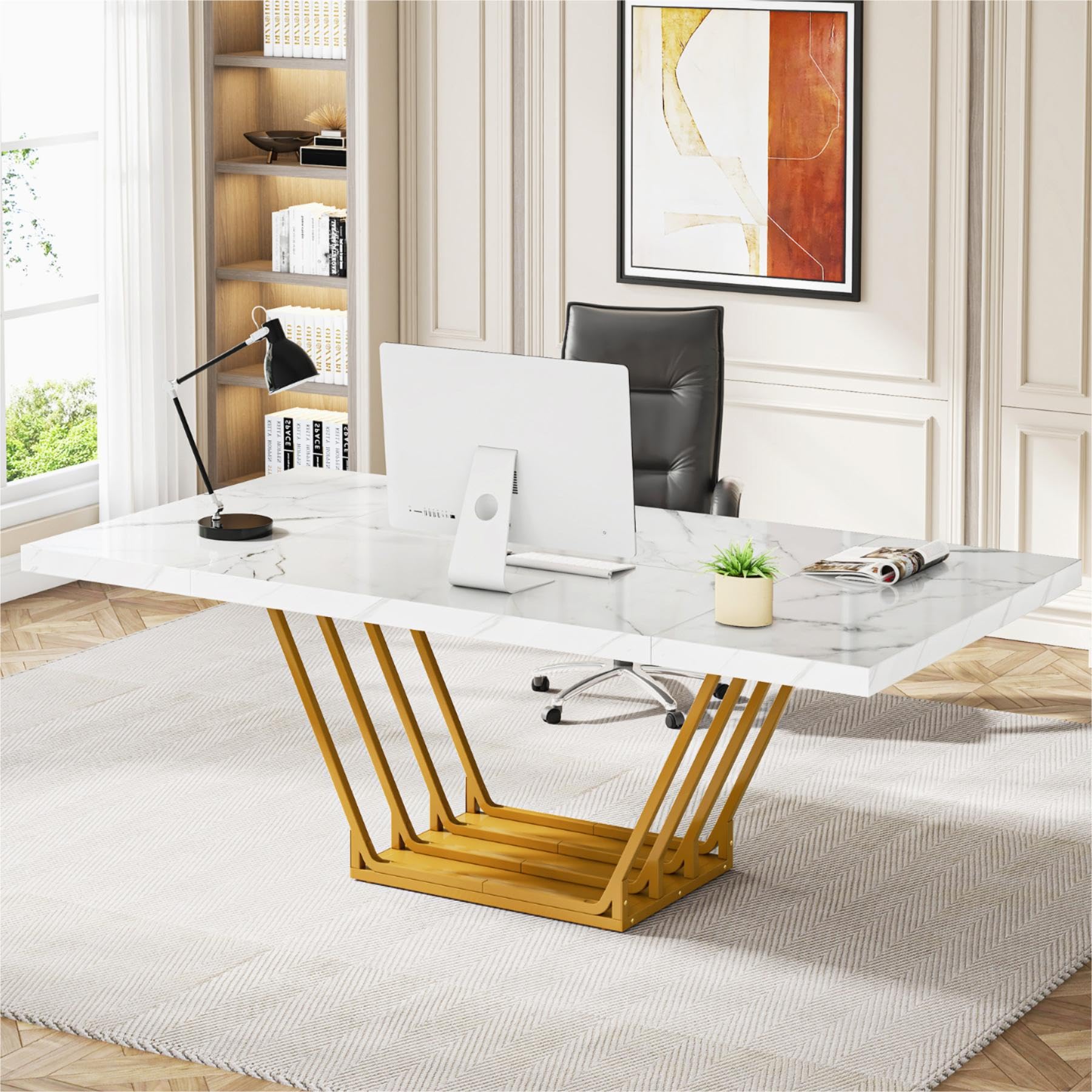 Tribesigns 63-Inch Modern Computer Desk, White Executive Desk with Gold ...