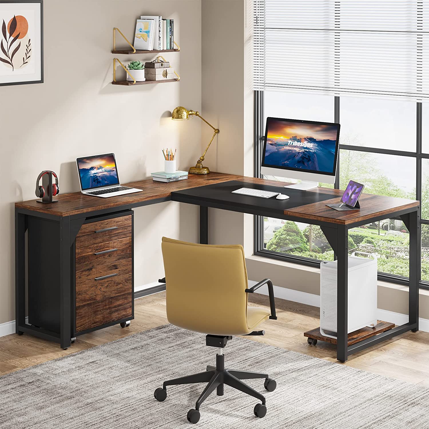 Tribesigns 63" L Shaped Computer Desk with Mobile File Cabinet in ...