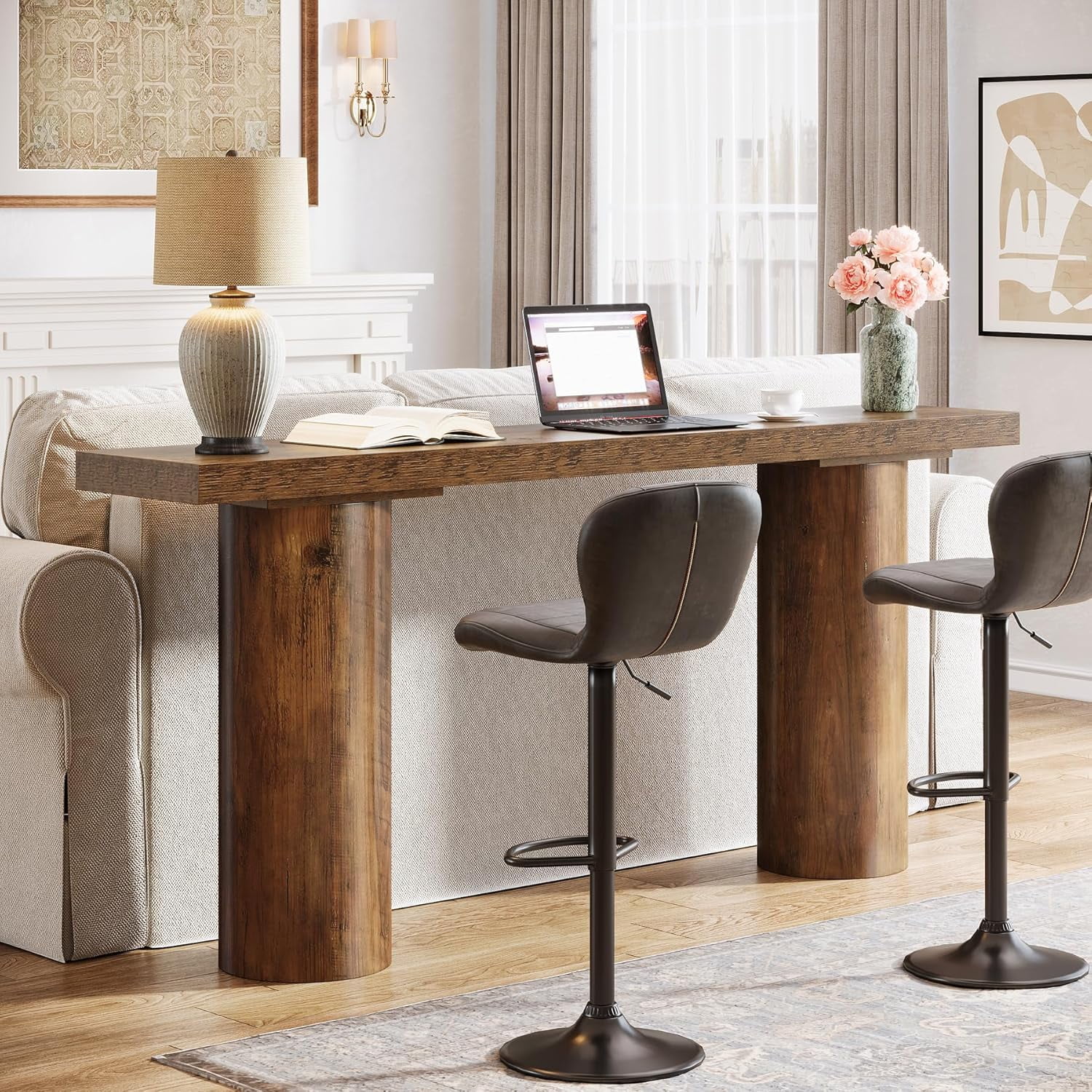 Tribesigns 63" Long Bar Table, Rectangle Kitchen Counter Height Table with Pillar Legs, Narrow ...