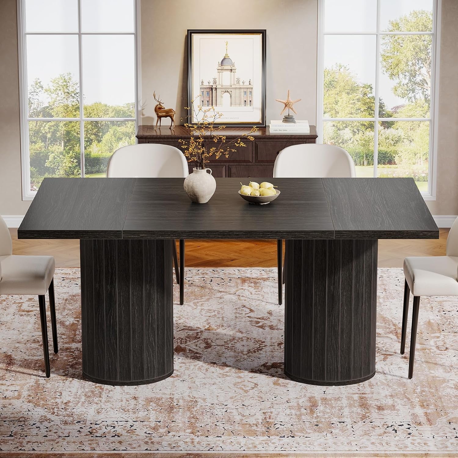 Finmind 63” Rectangle Dining Table, Cylindrical Base, Black Finish ...