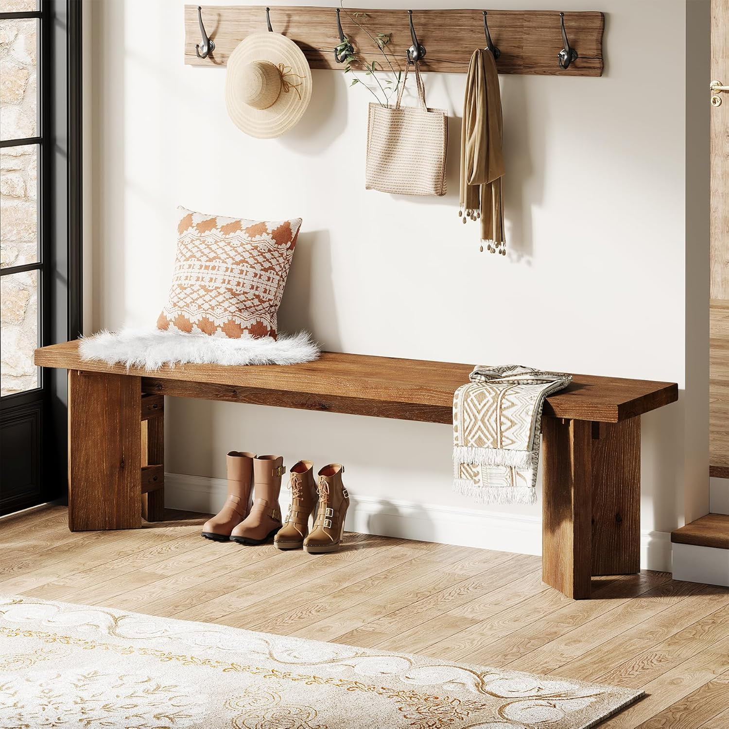 Tribesigns 63" Solid Wood Entryway Bench, Farmhouse Wooden Shoe Bench ...