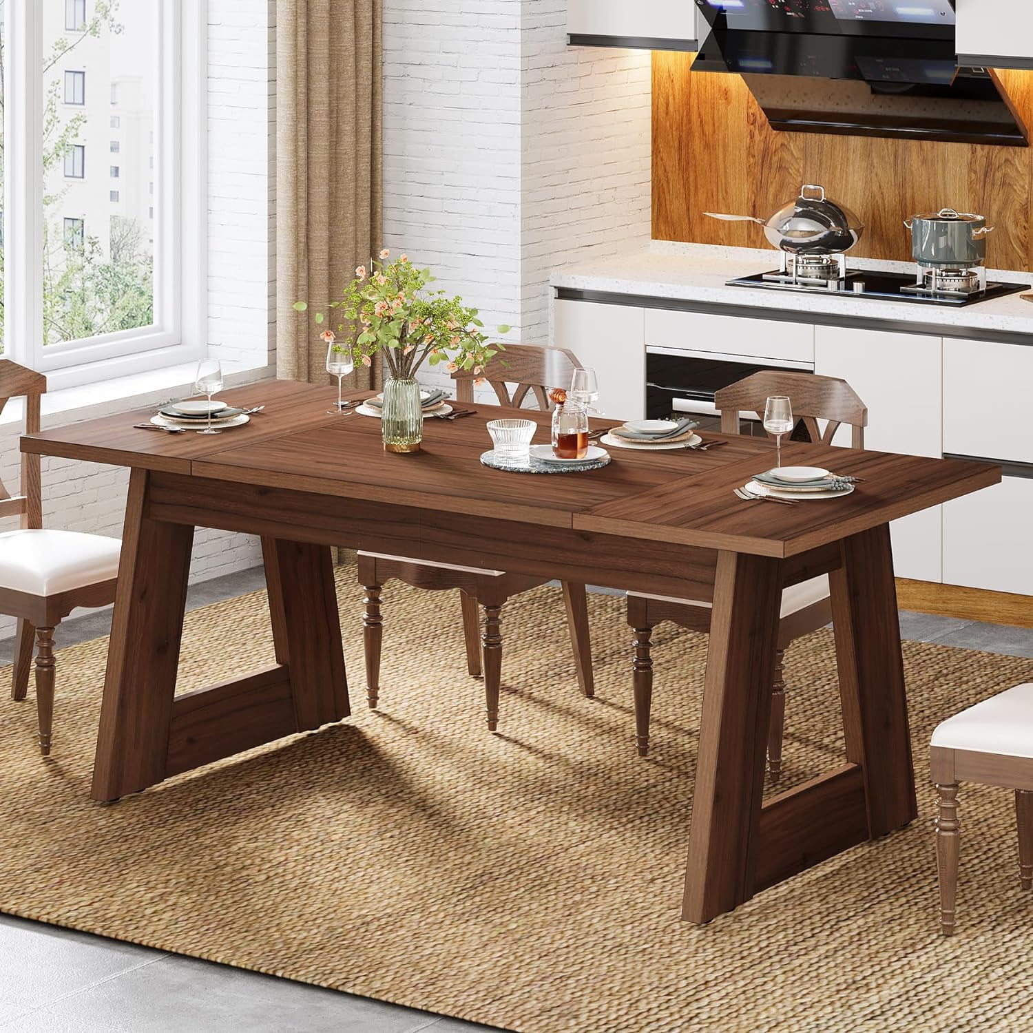 Tribesigns 63" Wood Dining Table for 4-6 People, Farmhouse Dinner Table ...