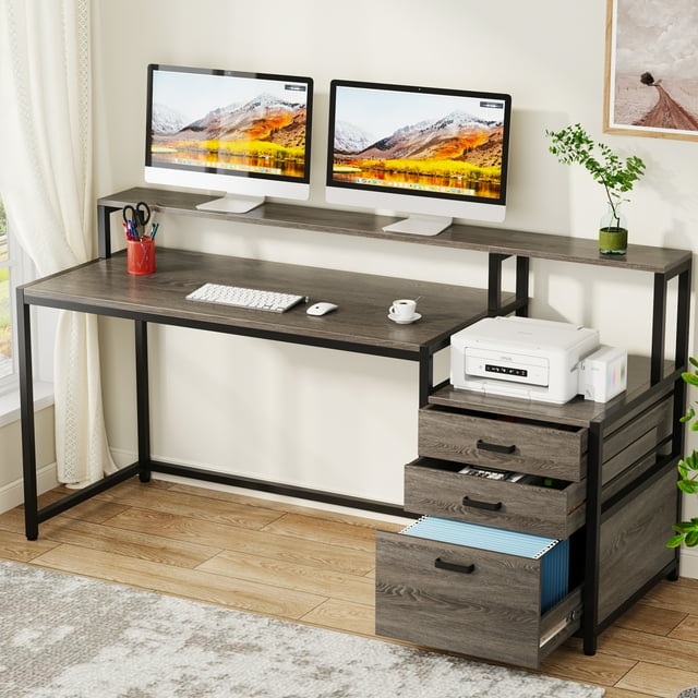 Tribesigns 63 in. Computer Desk with Monitor Stand, Ergonomic Office ...