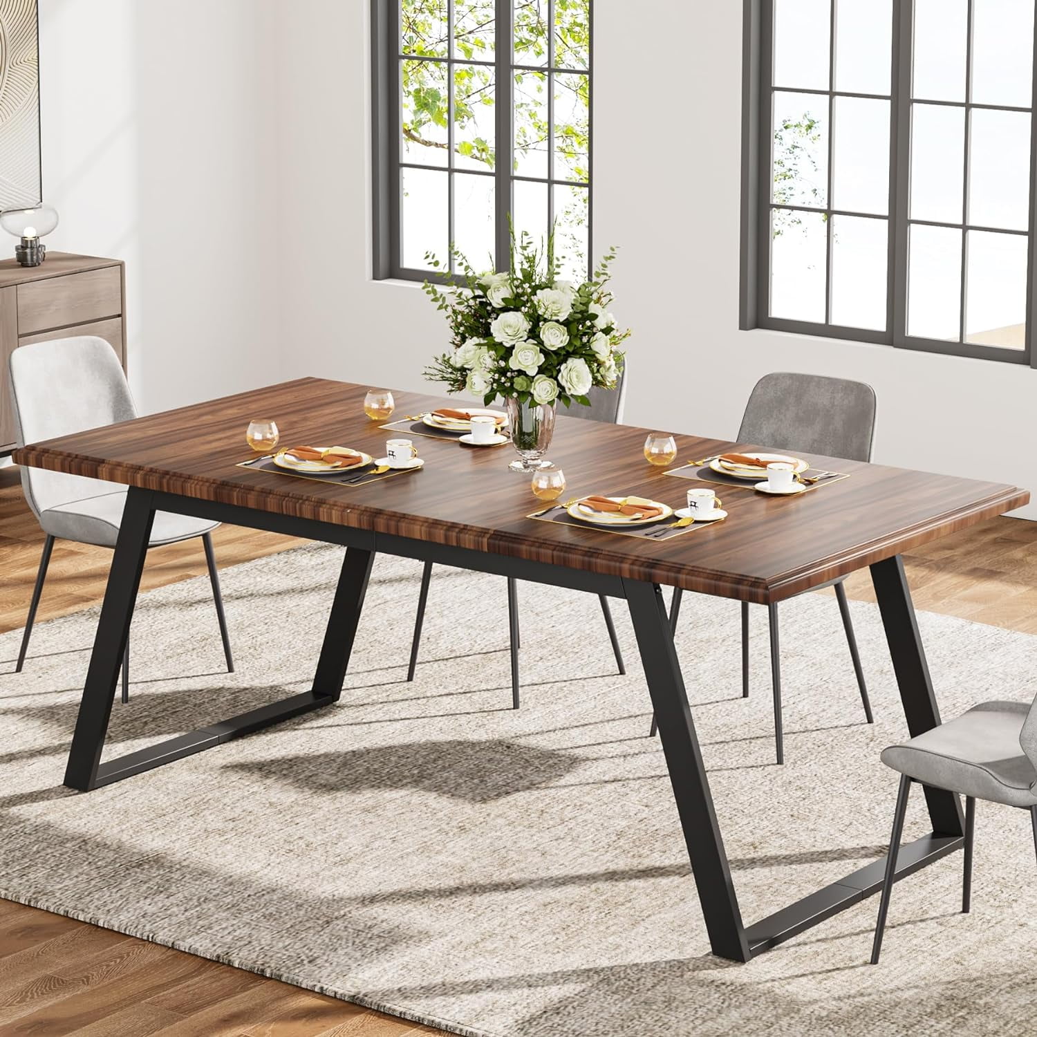 Tribesigns Large 63-Inch Rectangular Wooden Dining Table with Black ...