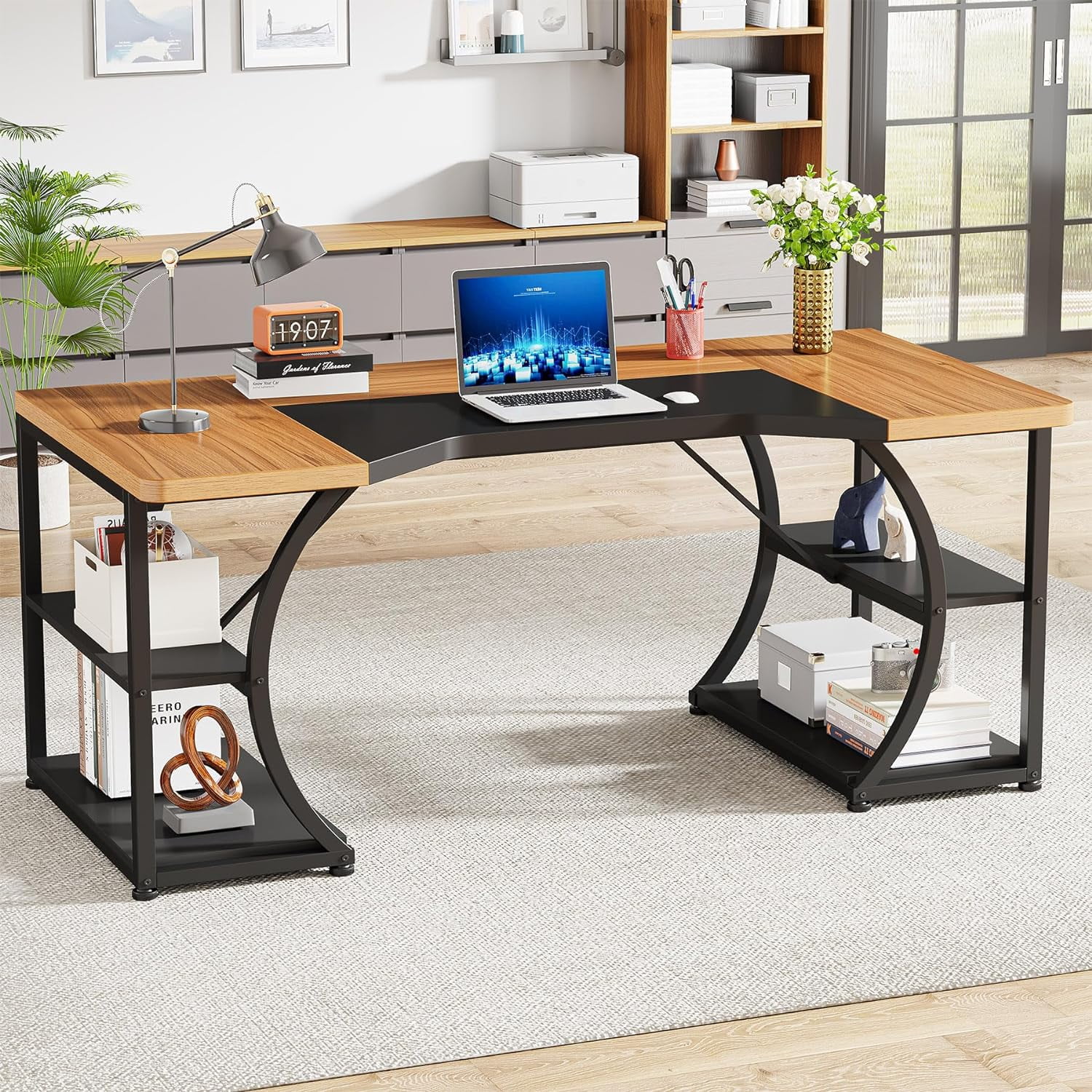 Tribesigns 63 inch Home Office Desks with Storage Shelves and Ergonomic ...