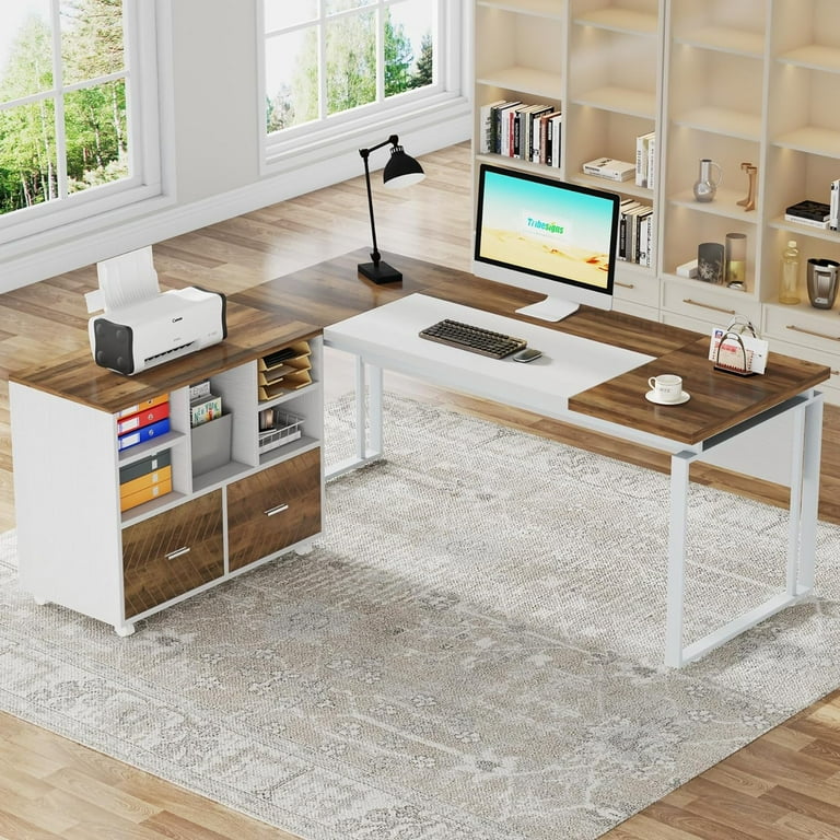 Tribesigns 63 L Shaped Desk with Reversible File Cabinet and Shelves Oak Karo White Walmart