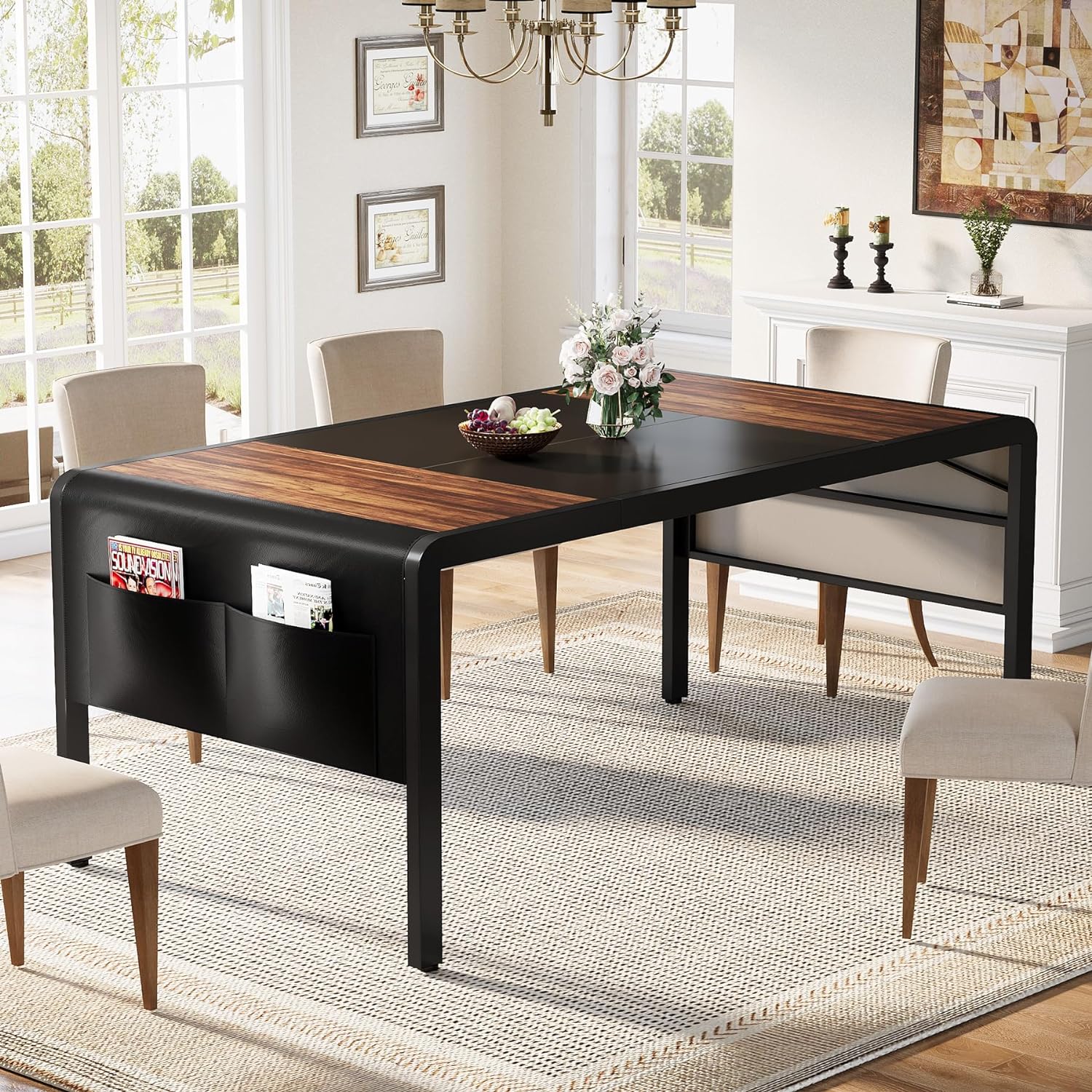 Tribesigns 63-inch Wood Dining Table, Rectangular Brown & Black Kitchen ...