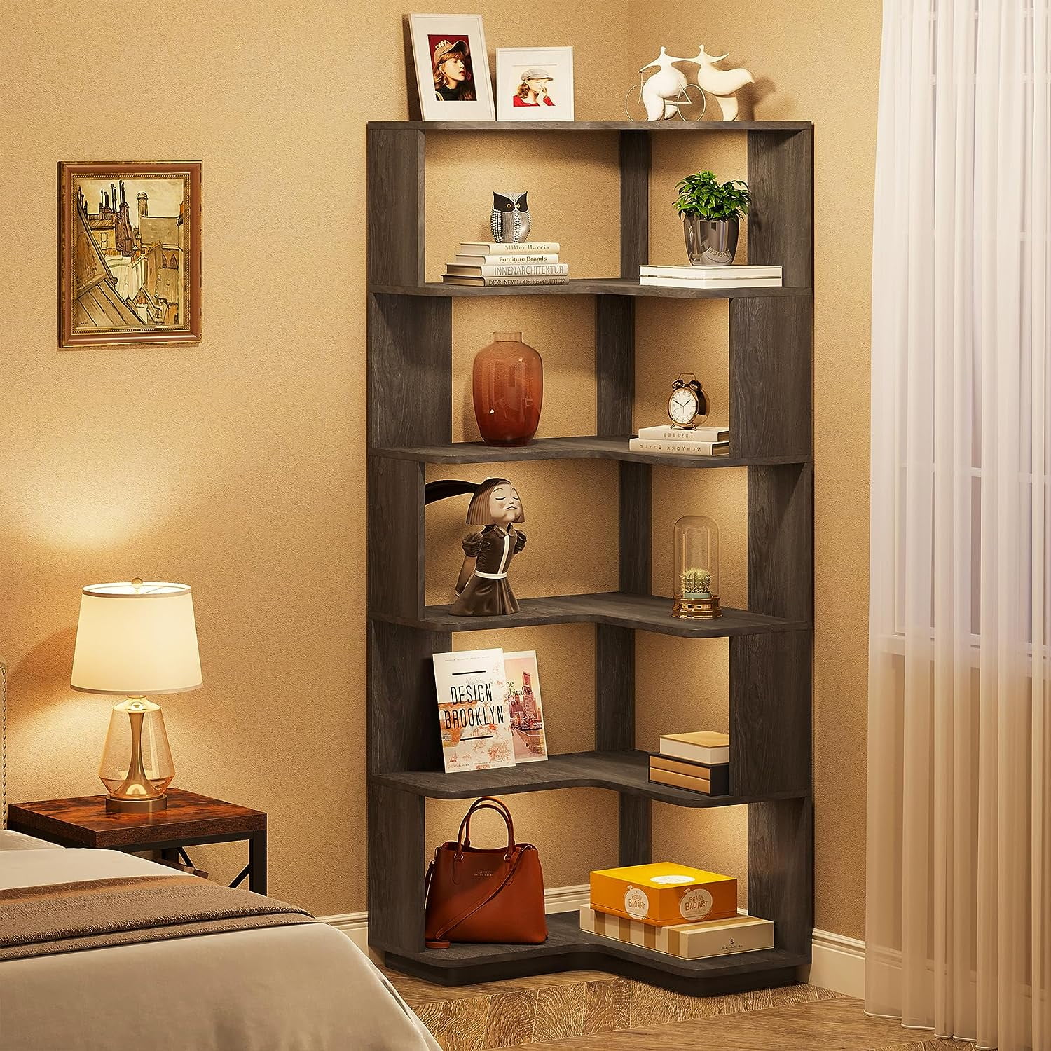 Tribesigns 64.9” 6-Tier Corner Bookshelf – Stylish Tall Storage Rack ...