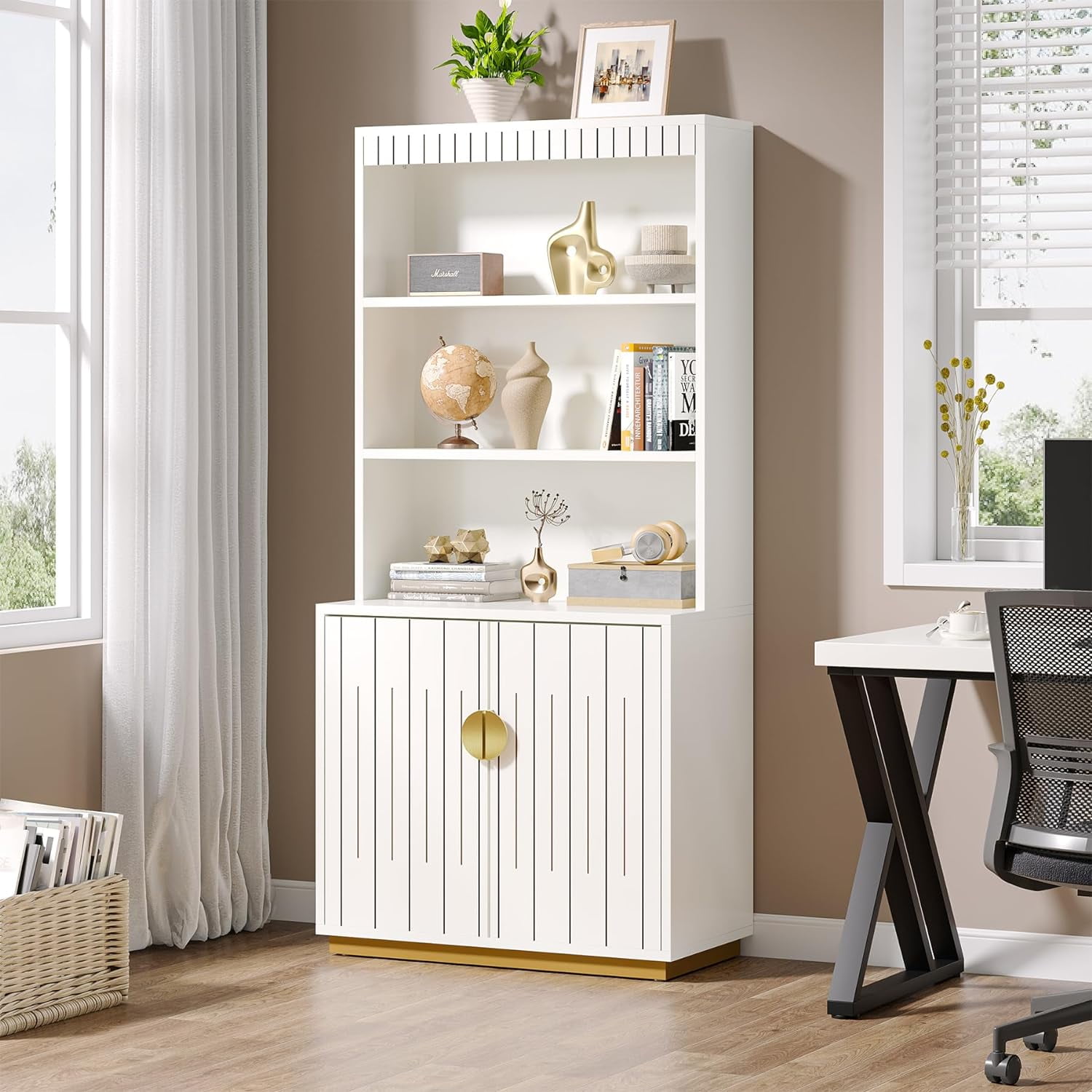 Tribesigns 67 Inch Tall White Bookcase with Doors, Modern 5 Tier Wooden ...