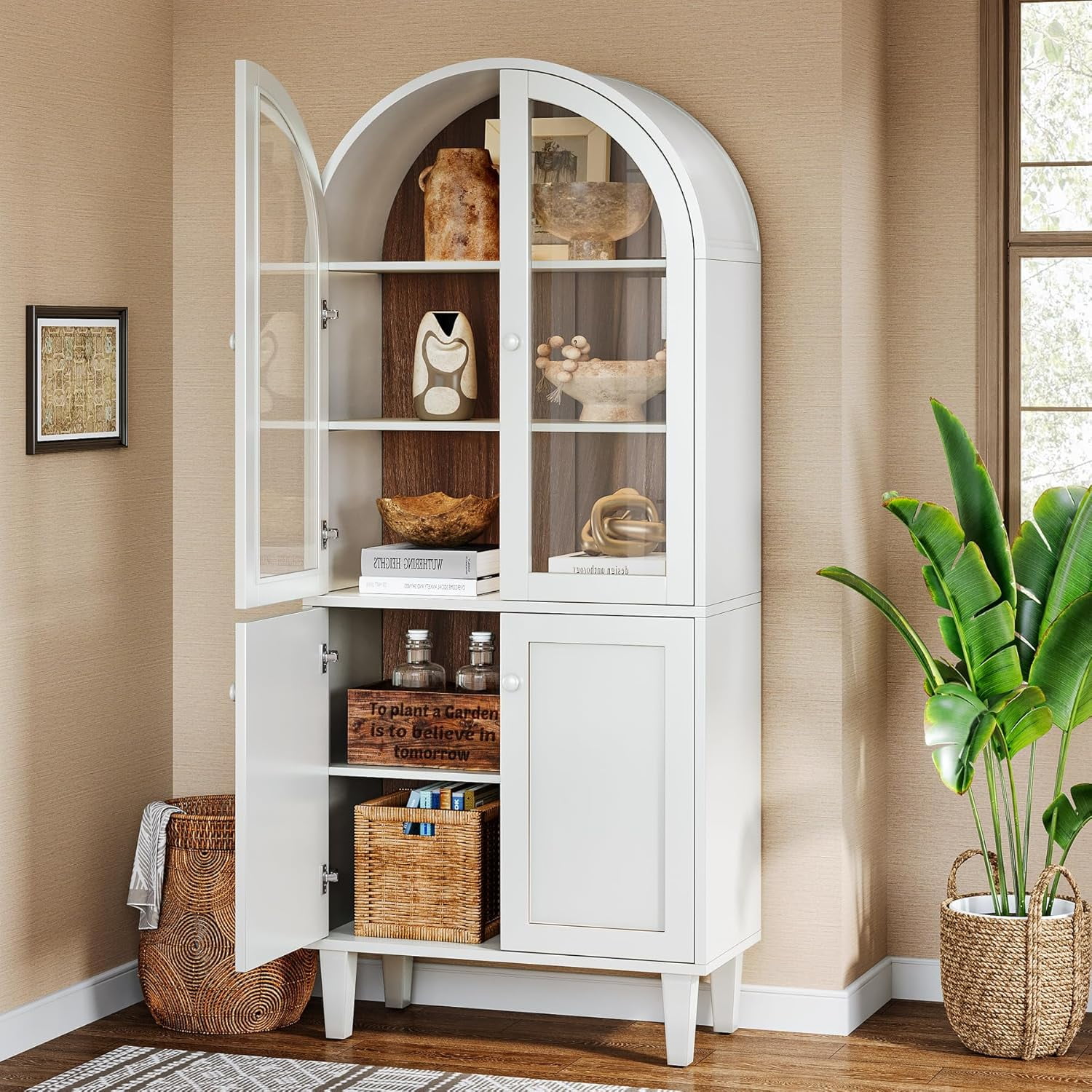 Tribesigns 68" Tall Arched Storage Cabinet, White 5-Tier Display ...
