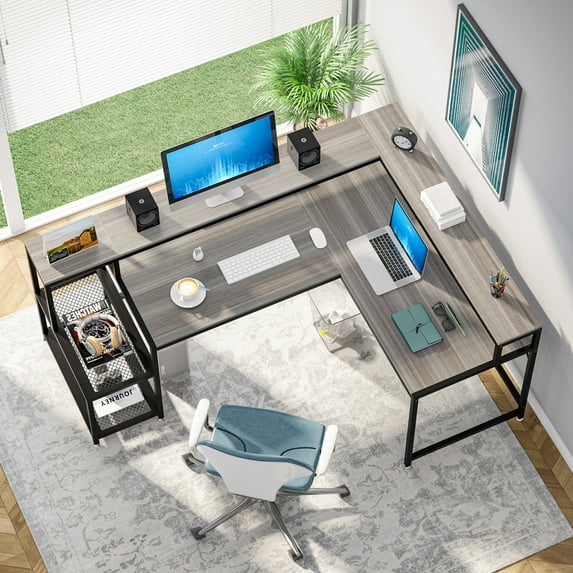Tribesigns 69 Inch L Shaped Desk with Monitor Stand & Storage Shelf ...