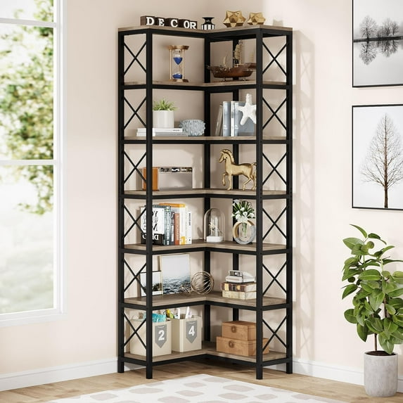 Tribesigns Rustic 7-Shelf Tall Storage Corner Bookcase, Large Metal ...
