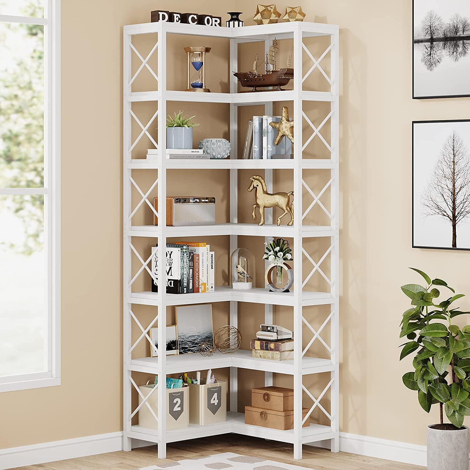 Tribesigns 7 Shelf Tall Bookshelves Storage Rustic Industrial Wood Corner Bookcase for Bedroom Home Office Walmart