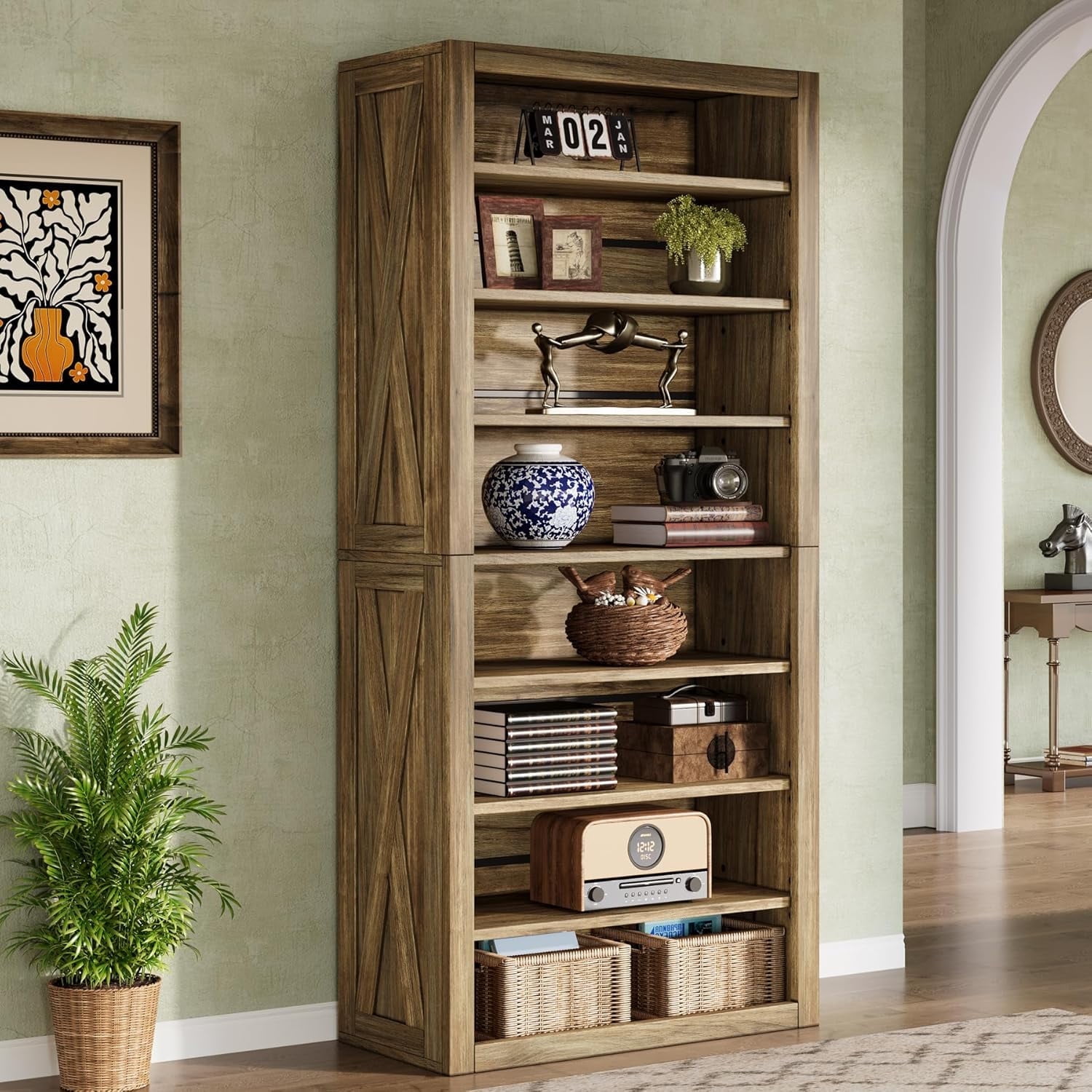 Finmind 70.59-Inch Tall Bookshelf: 8-Tier Adjustable Wooden Bookcase ...